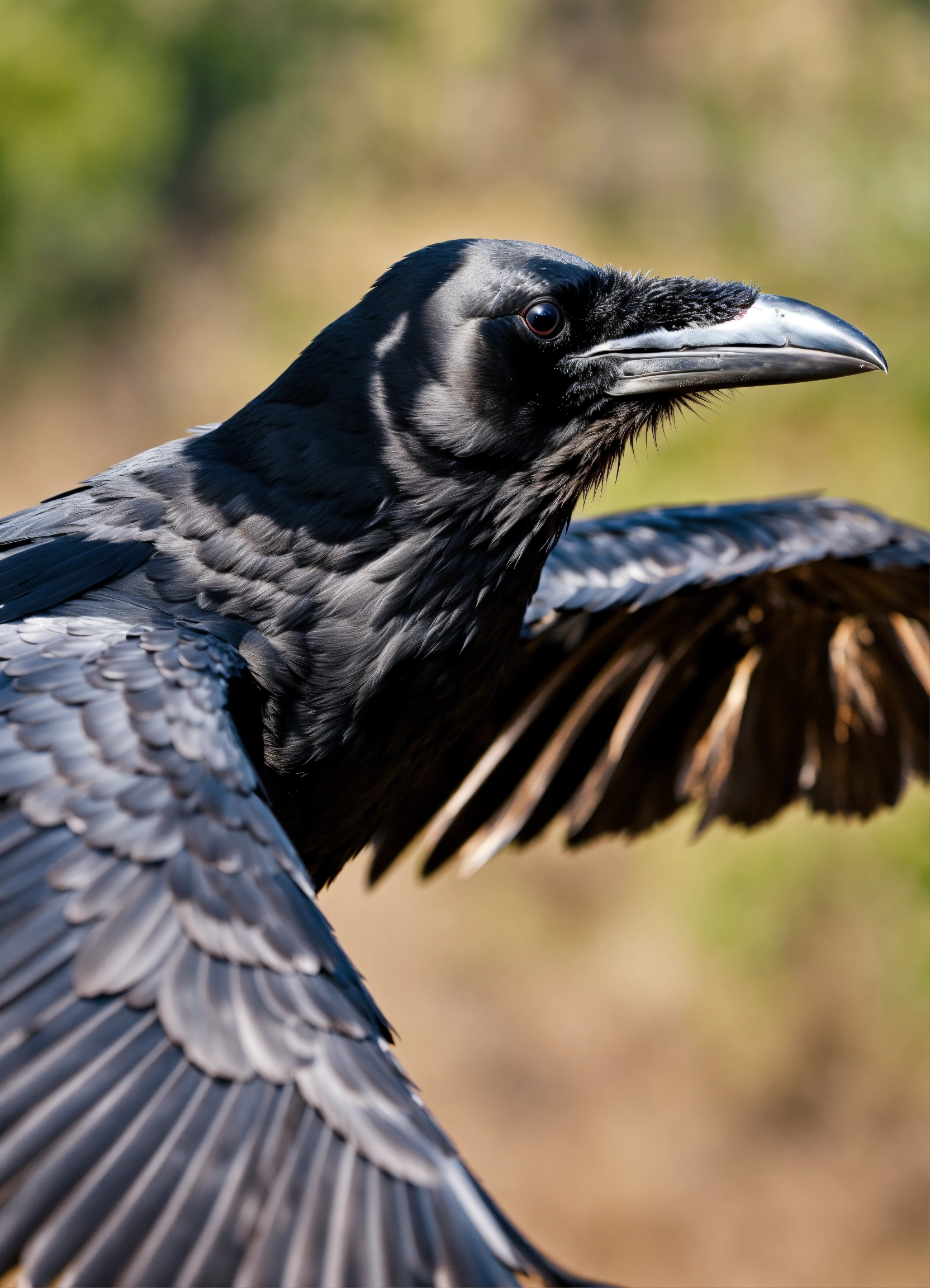 Lexica - Raven flying, wings down, close up face