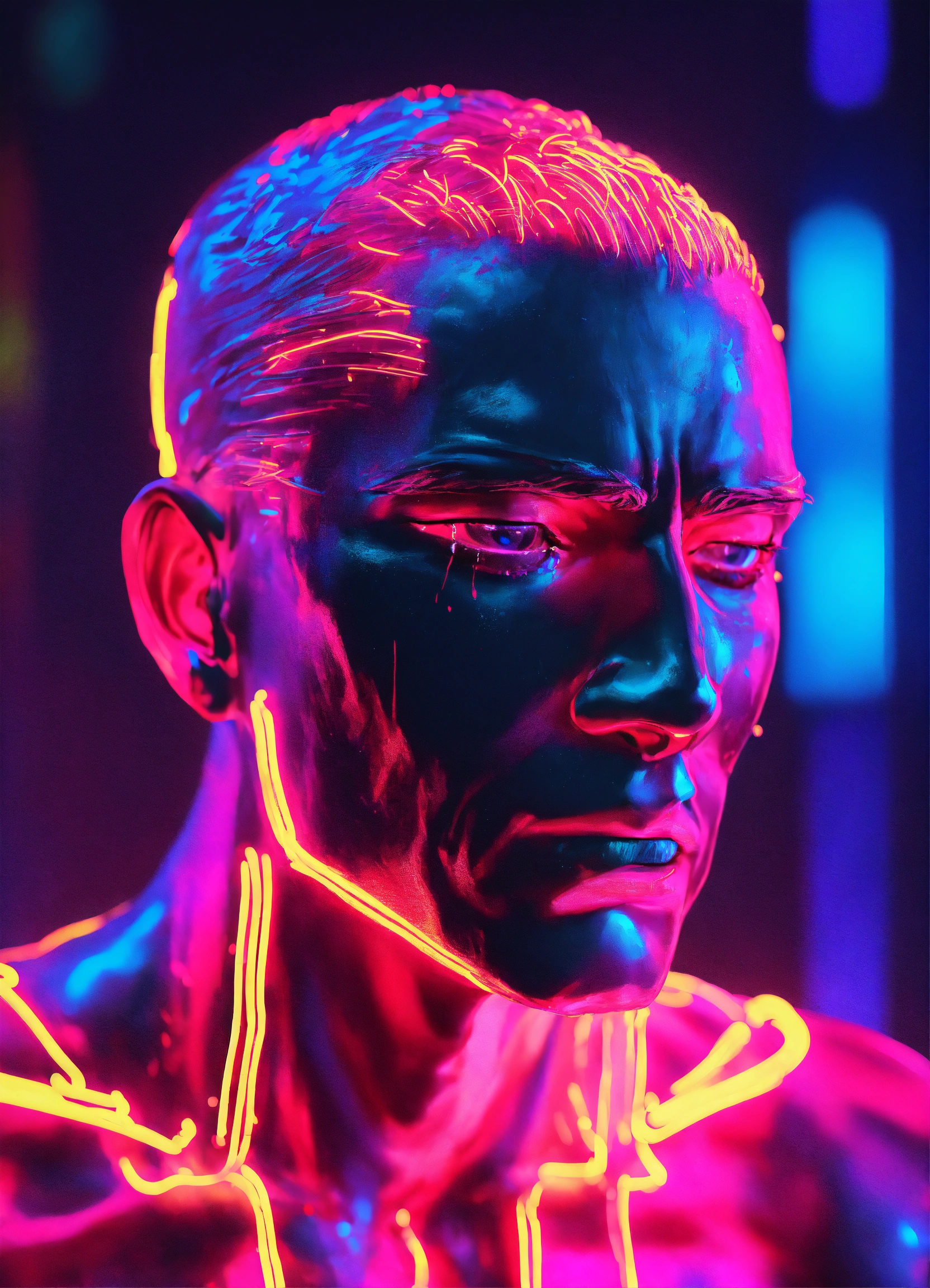 Lexica - Bust of a man's head and shoulders, neon color glow, crying ...