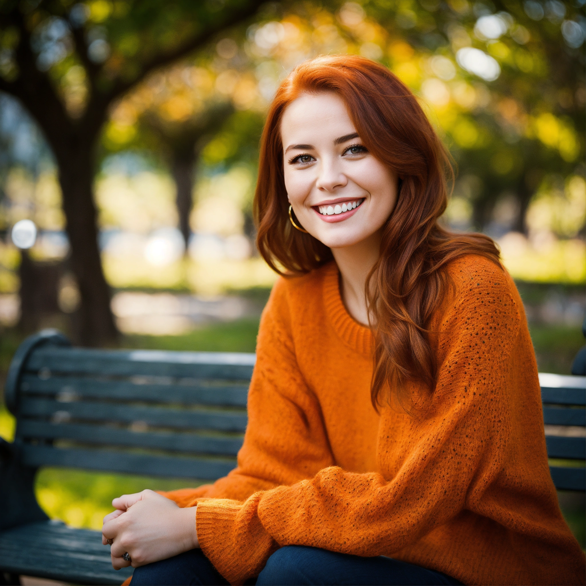 Lexica Beautiful Auburn Haired Woman Sitting On A Park Bench With An Orange Sweater Wide