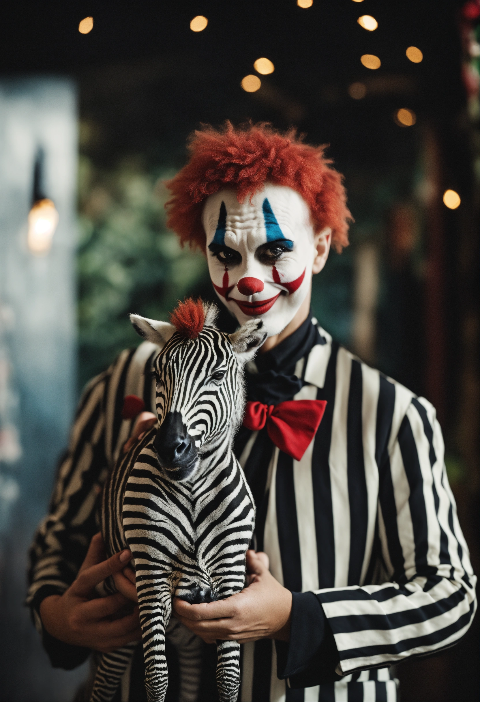 Lexica - A black and white clown holds a small zebra in his hands