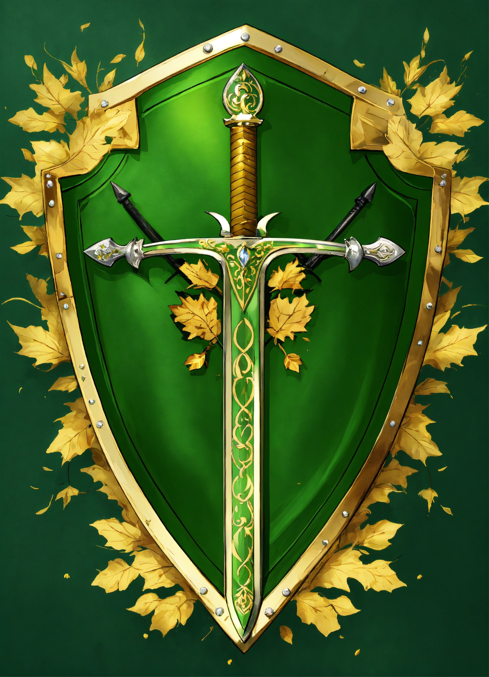 Lexica - A simple green shield with heraldry of gold leaves and a sword ...