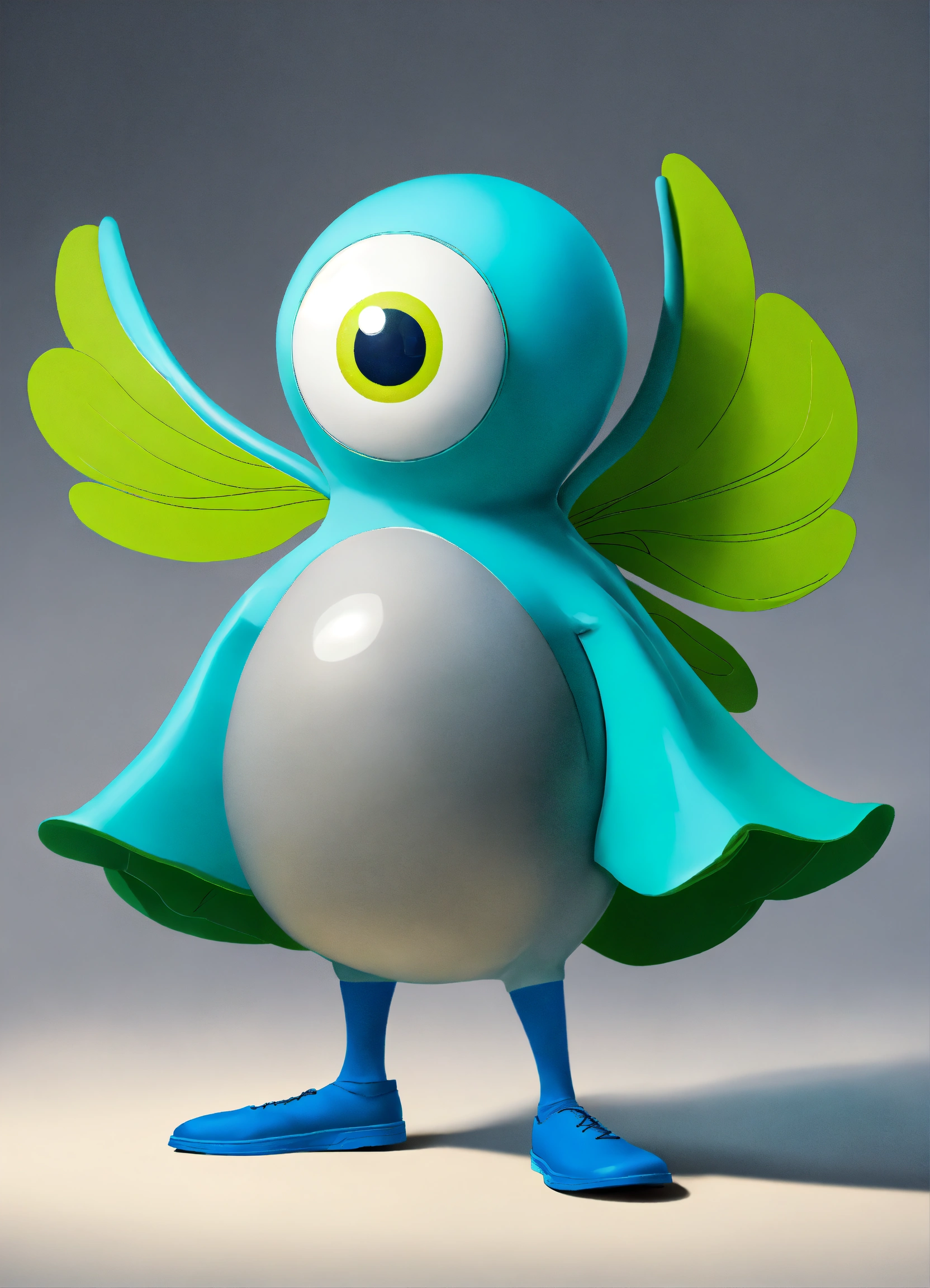 Lexica - A gray cartoon blob with one eye, bright green wings, and blue ...