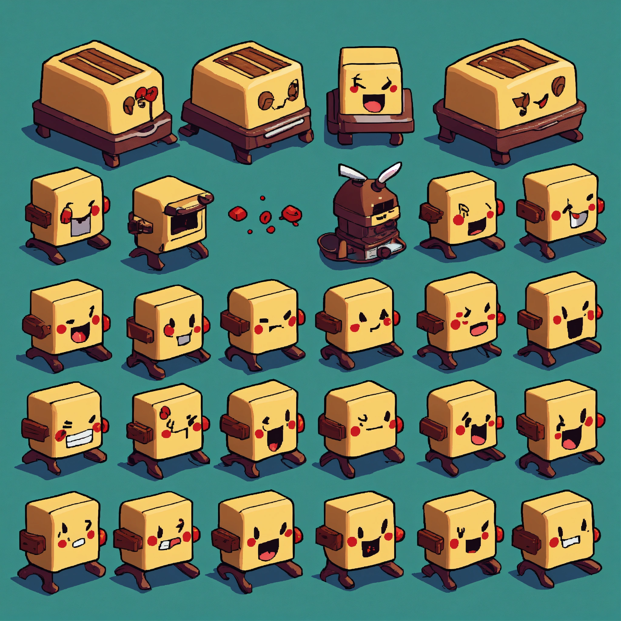 Lexica - Defeat animation sprite sheet for a smiling toaster enemy ...