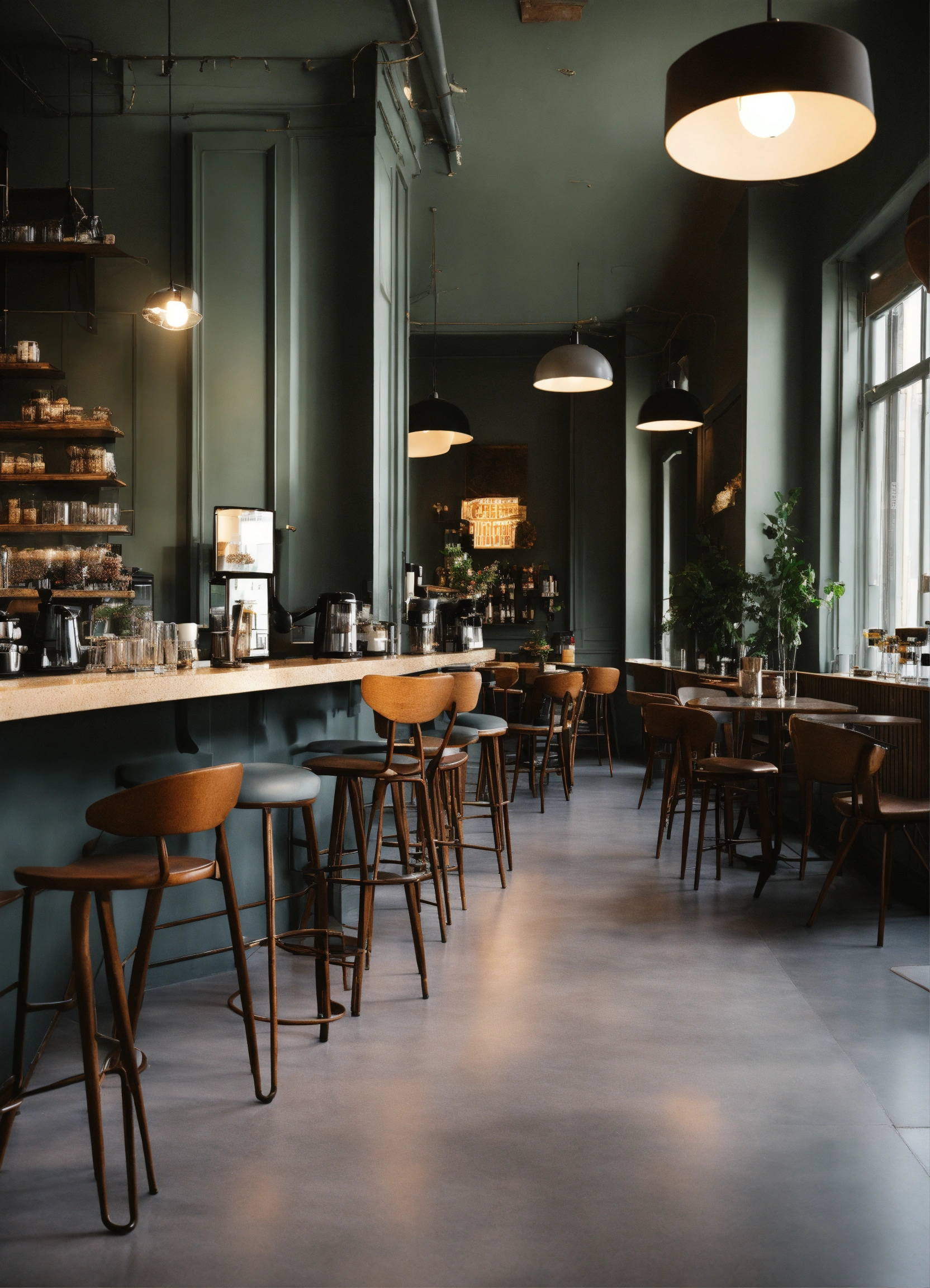 Lexica - Coffee bar. Cafe with retro chairs. Grey floor