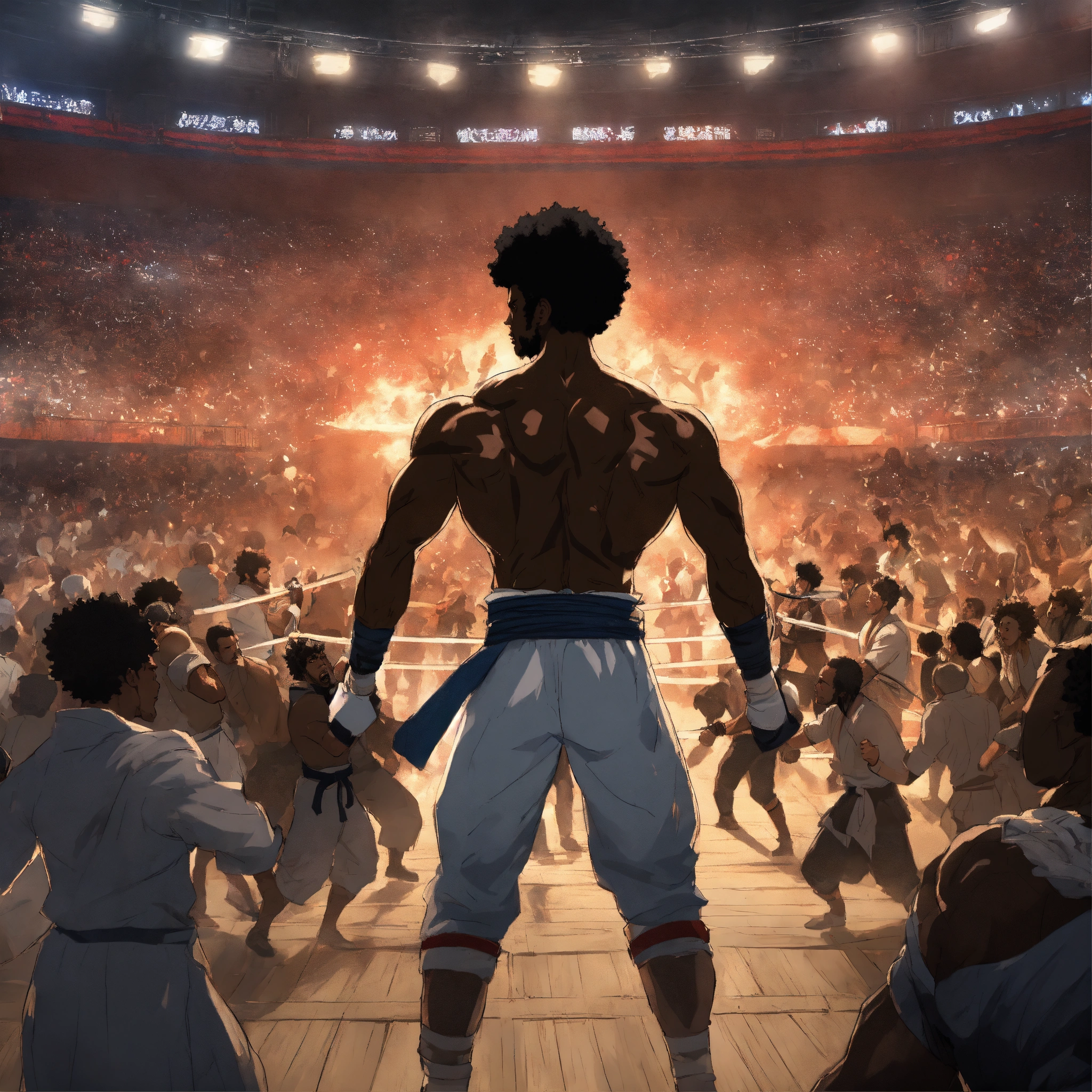 Lexica - Afro samurai anime, fighters punching in ring with crowd ...