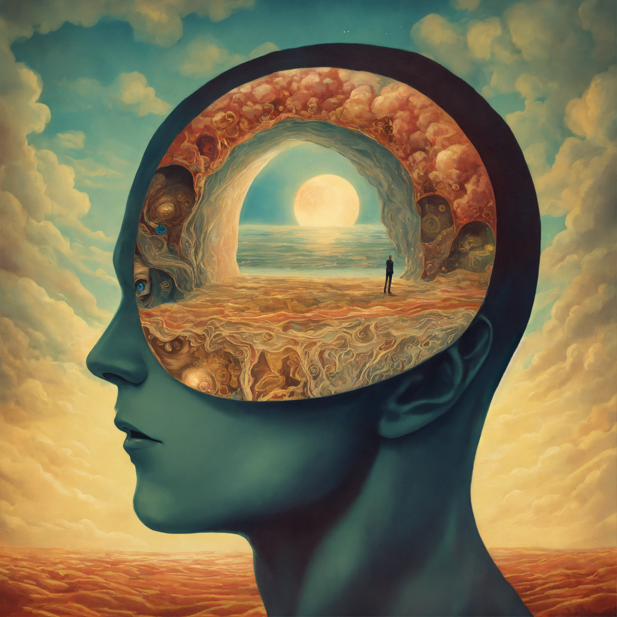 Lexica - Illustration of a man inside a human head looking out through ...