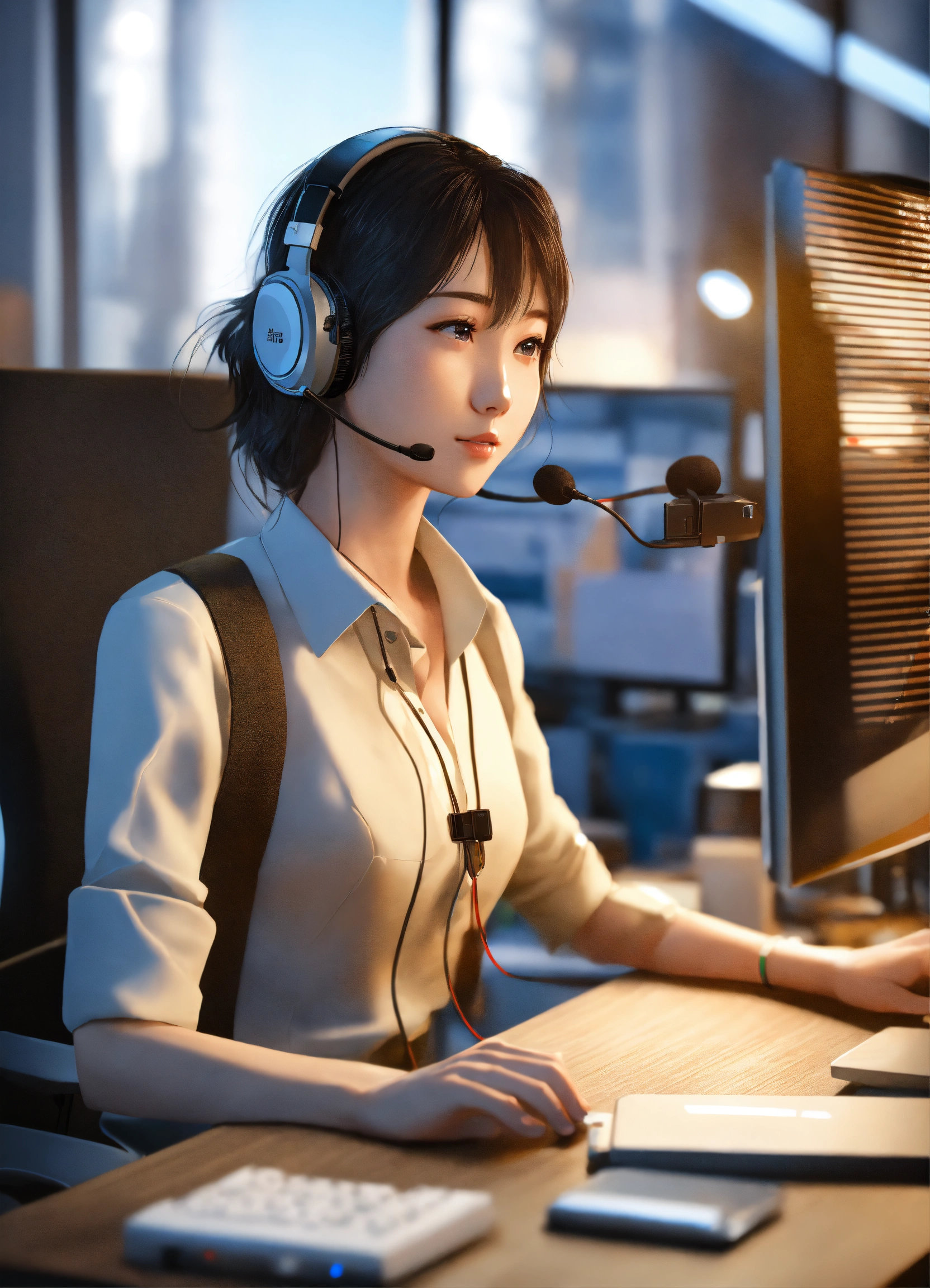Lexica - Cute Japanese office worker, sitting at computer, headset ...
