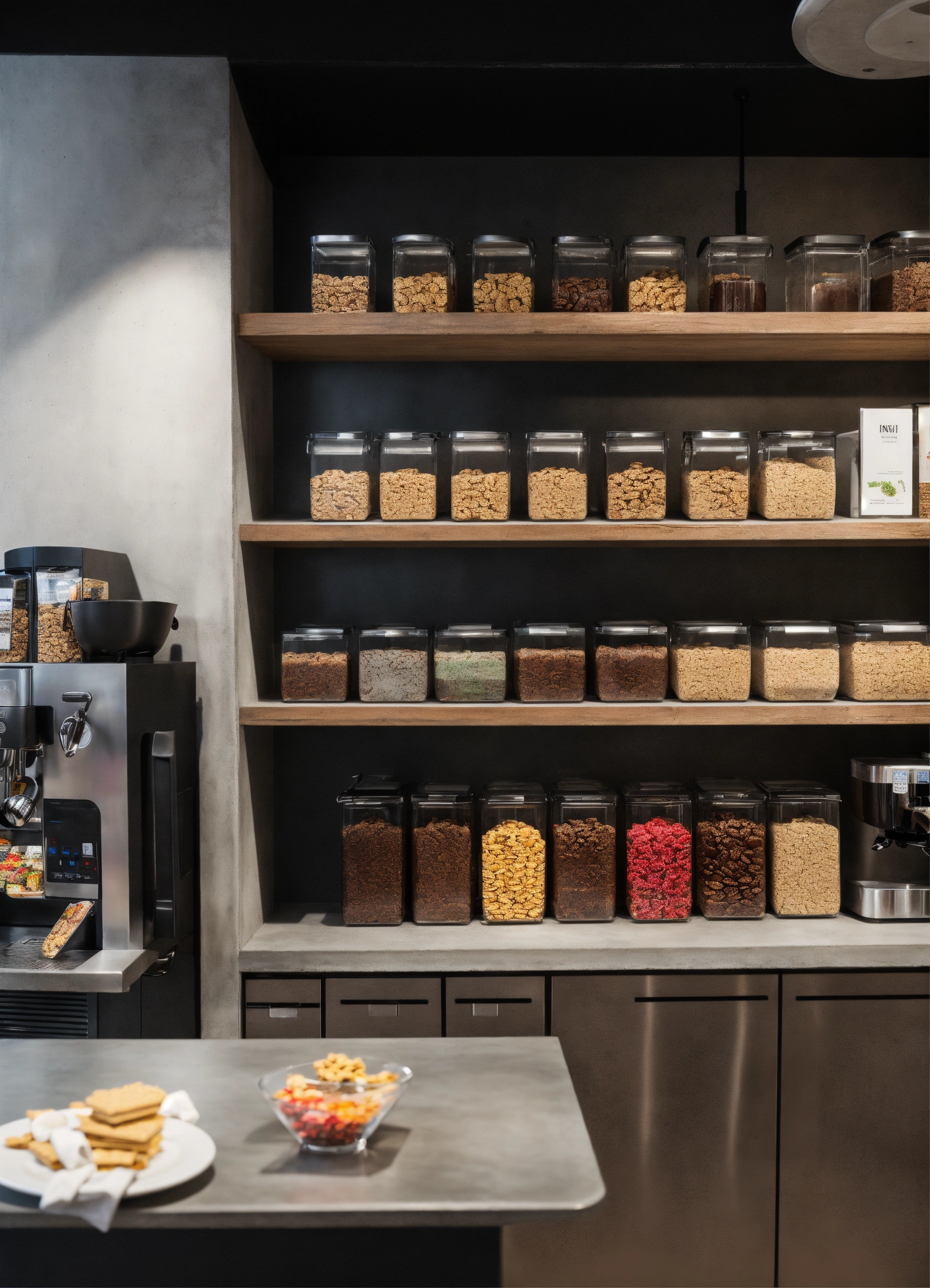 Lexica - A self serve breakroom cereal shelf with snacks on an easy to reach shelf for employees ...