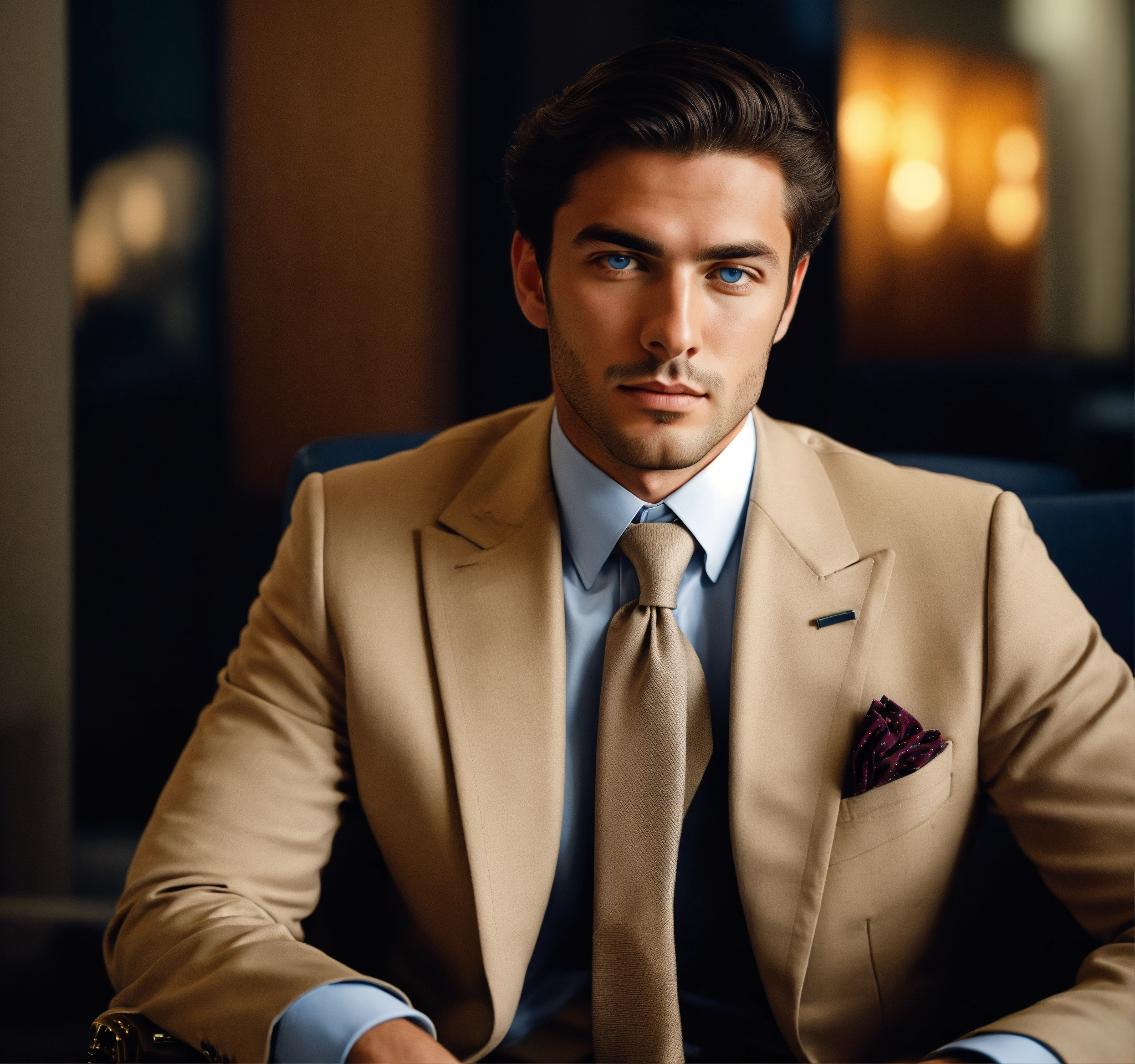 Lexica - A young Italian businessman, blue eyes, in beige suit, large ...