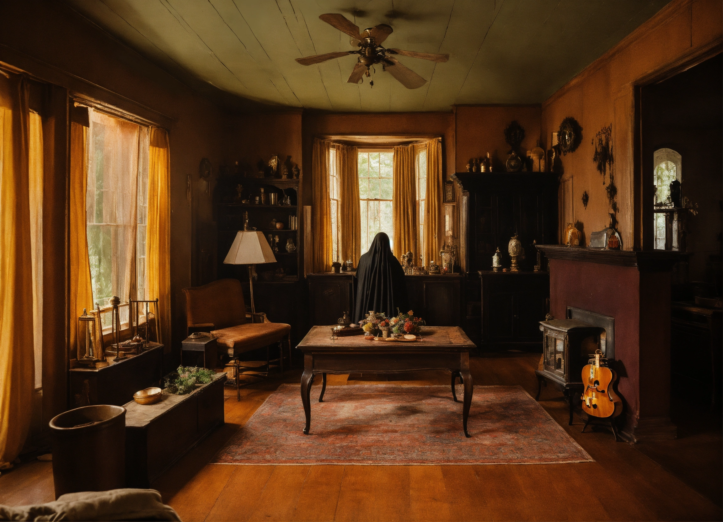 Lexica - 1970s england small haunted house with black monk ghost in ...