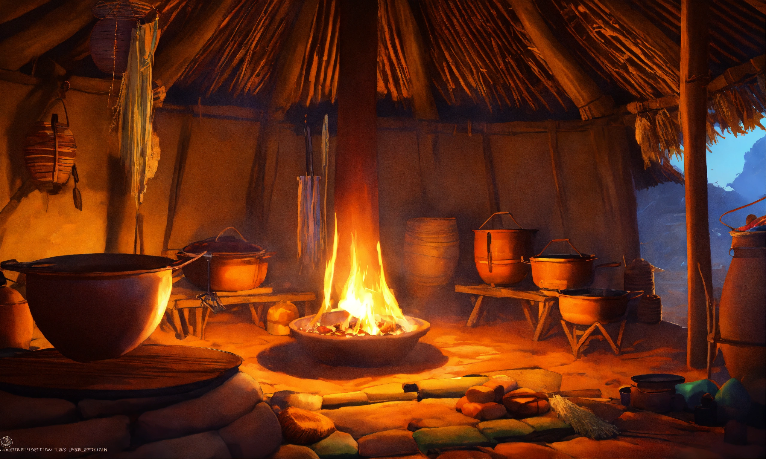 Lexica - Inside african tribal hut at night, basic utensils and cooking ...