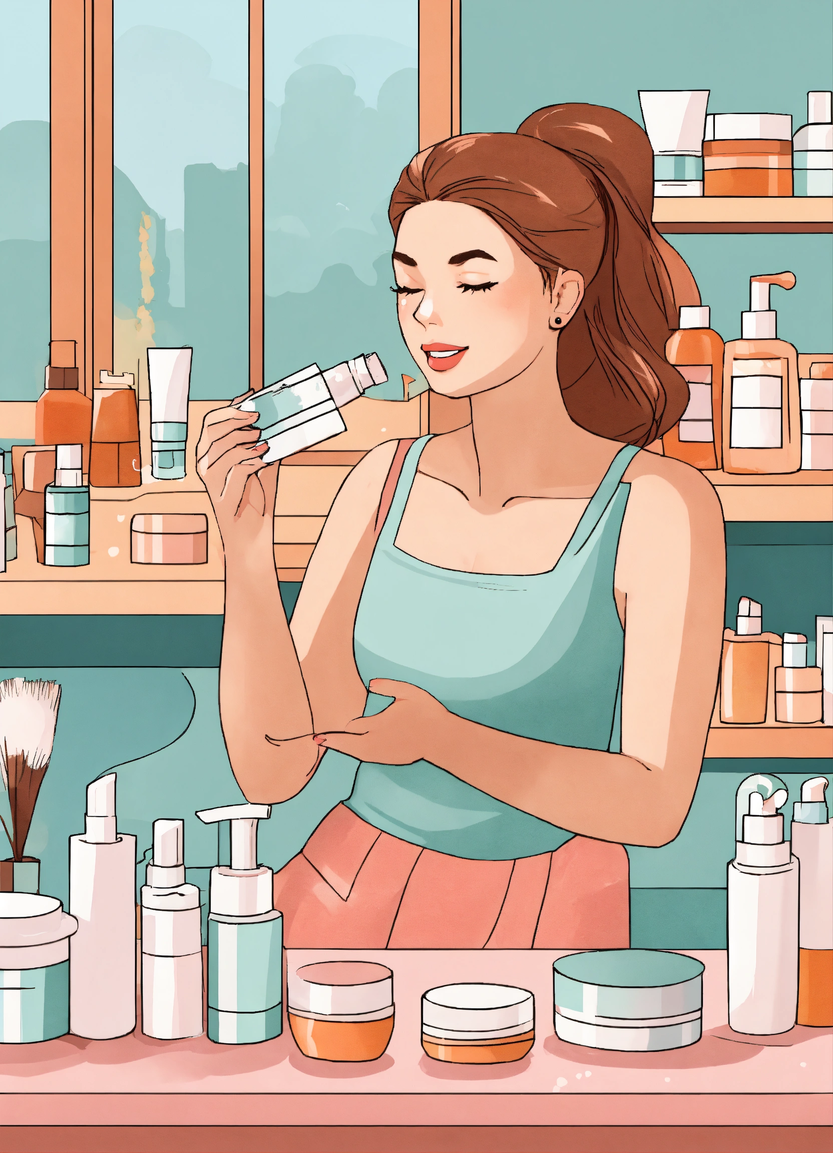 Lexica - Cartoon woman applying skincare products