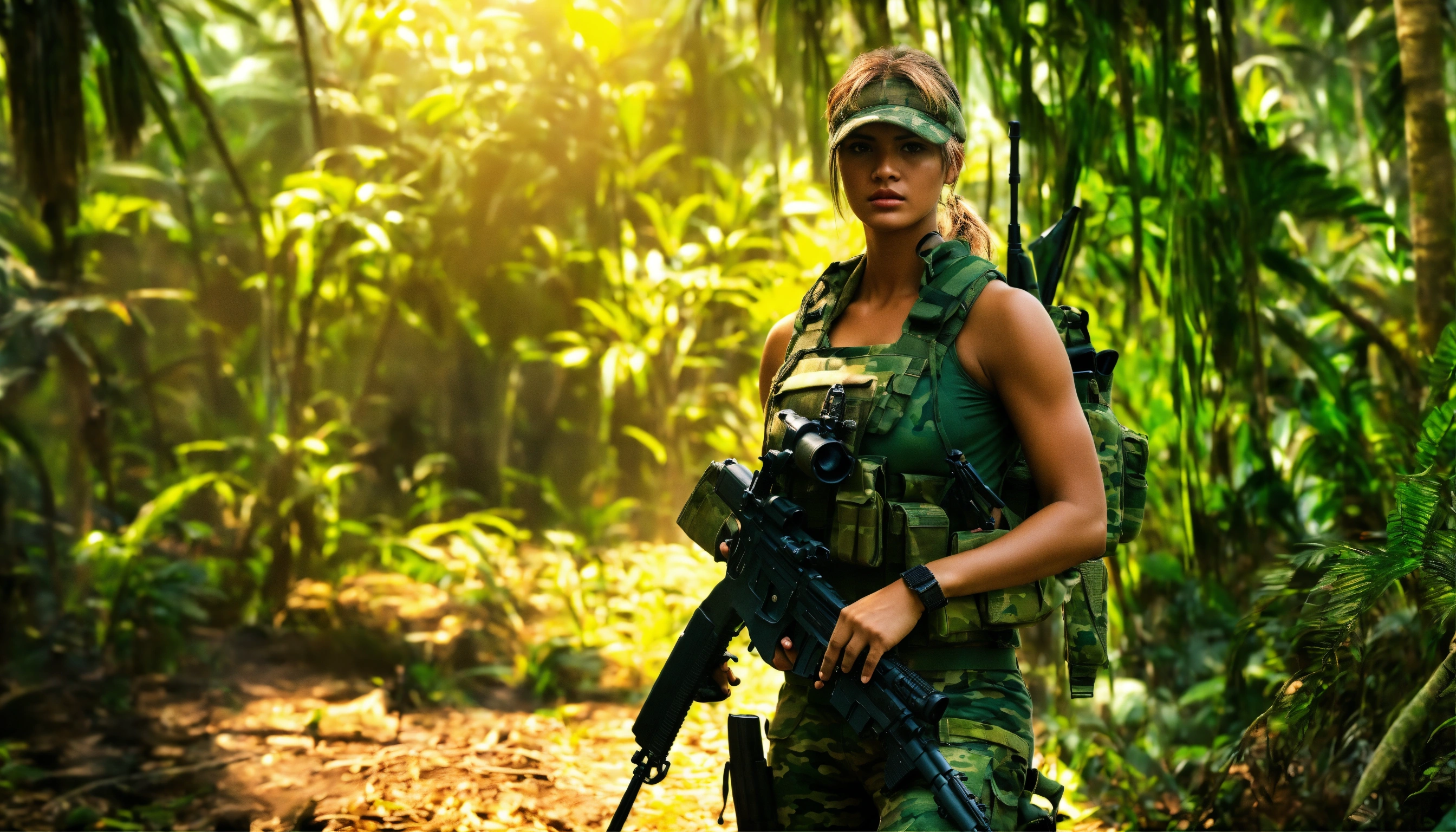 Lexica - Female commandos in jungle, perfect face, full camouflage, HDR ...