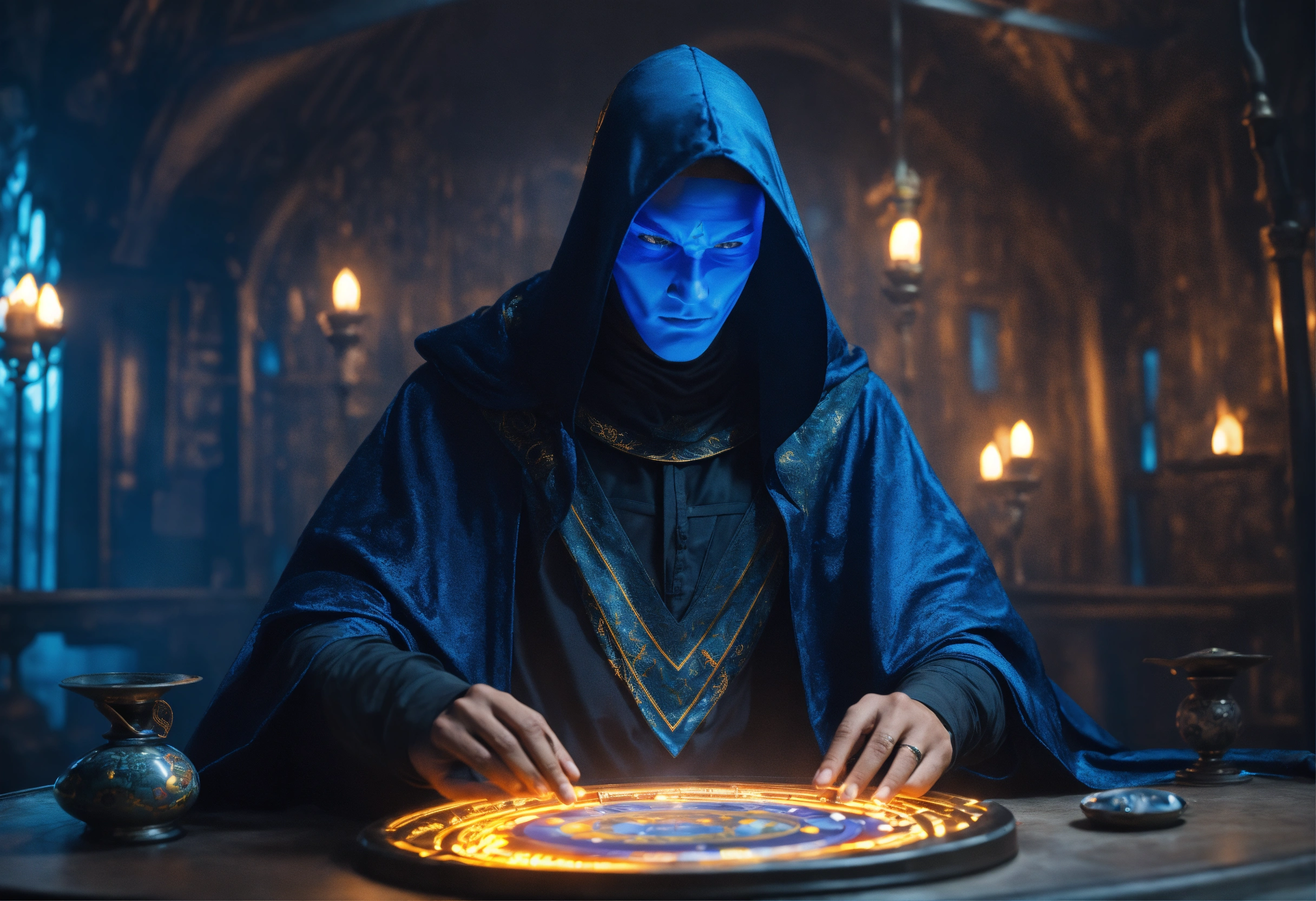 Lexica - A black and blue cloaked half masked sorcerer casting a spell ...