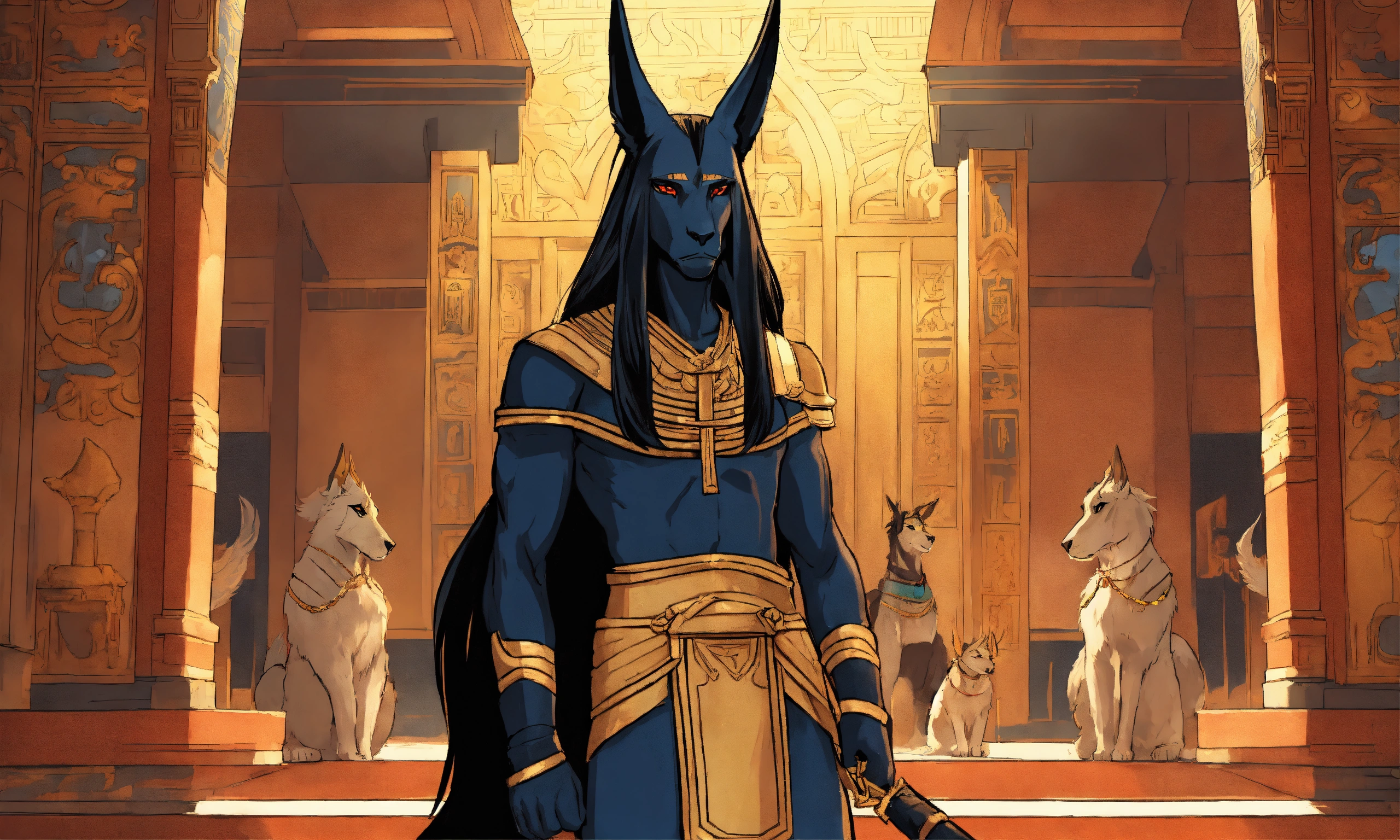 Lexica - Human Black long haired Anubis at a temple. comic