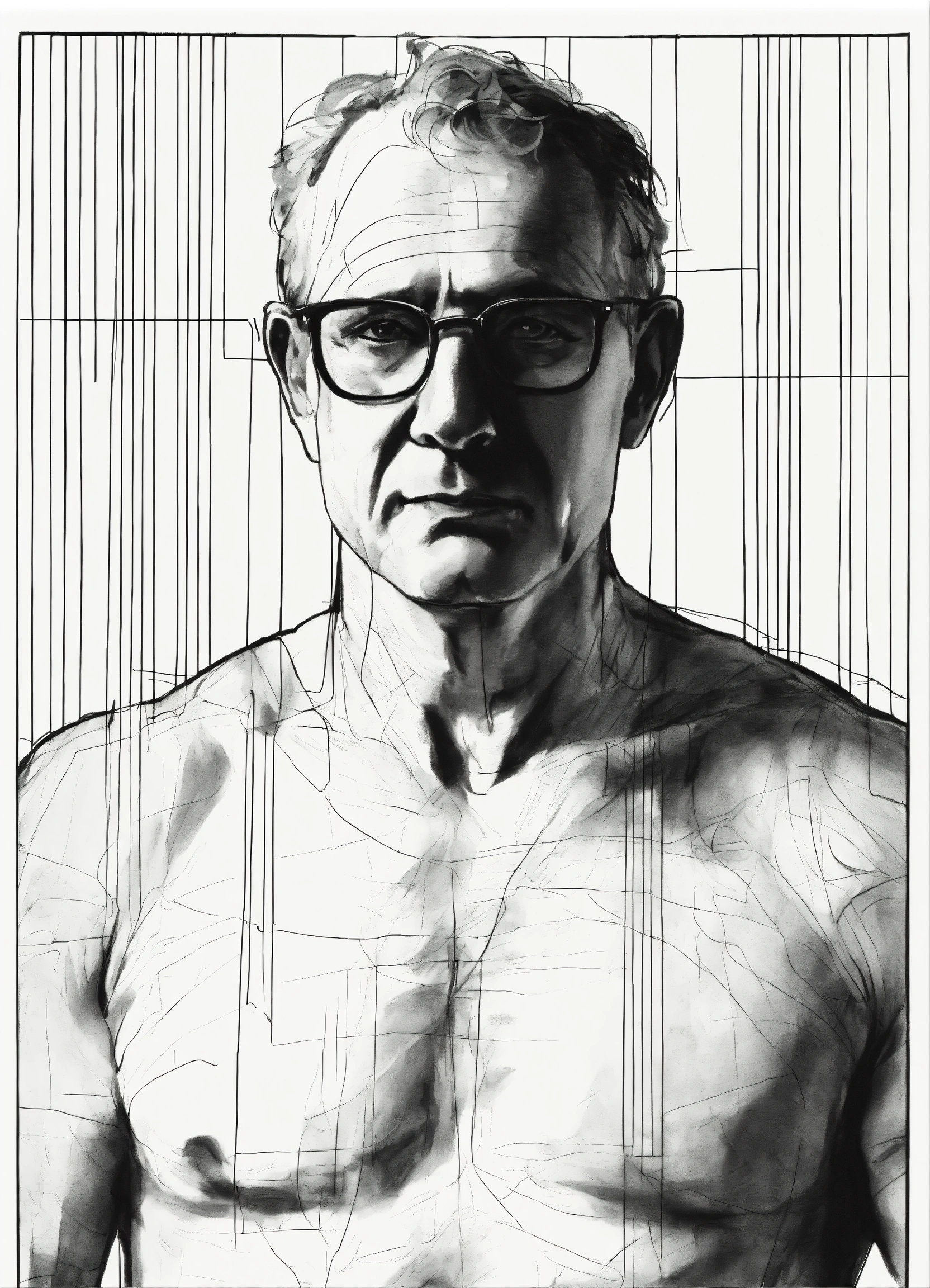 Lexica - Black and white bold line drawing, middle aged man, with cow ...