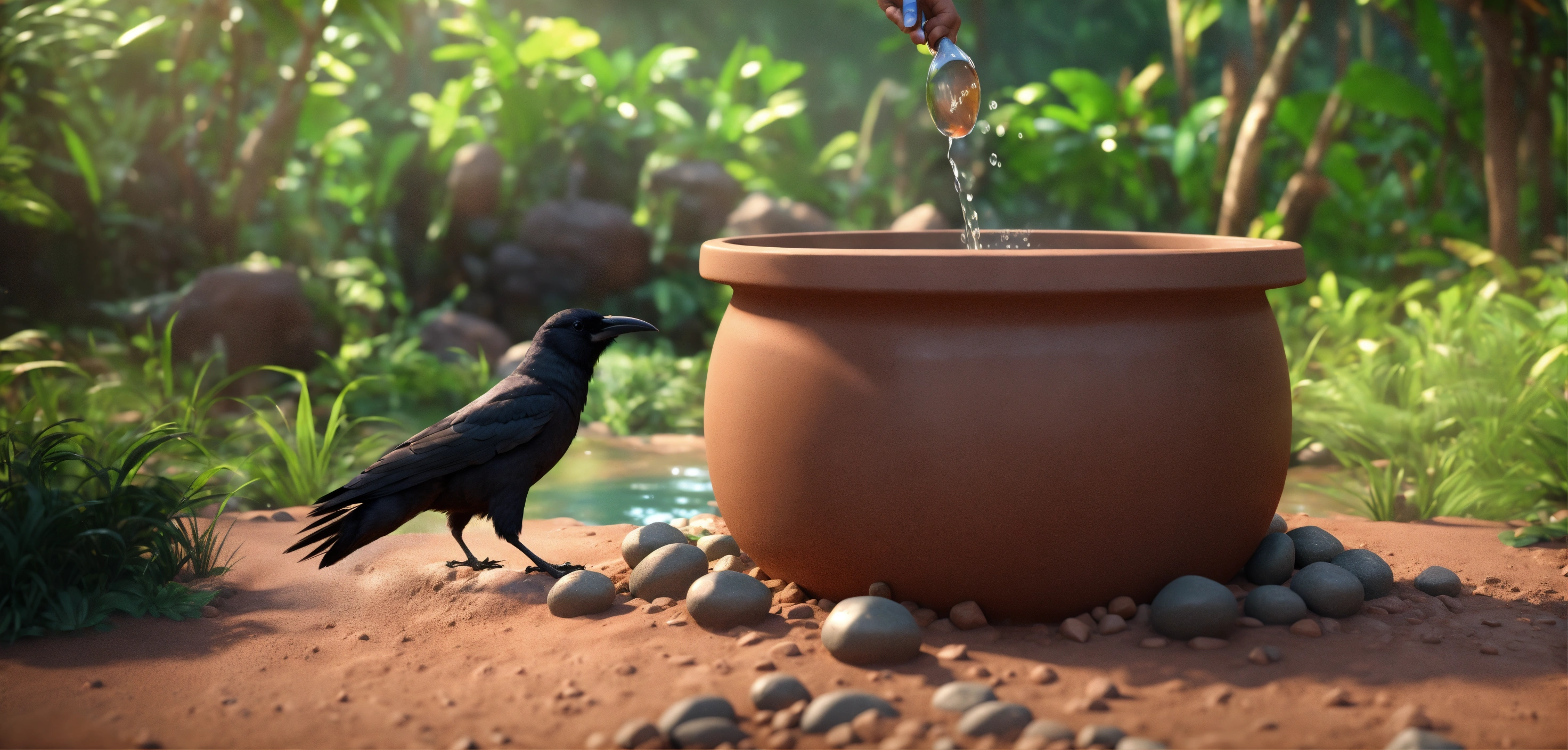 Lexica - 3d animation style crow putting stone in big clay pot fill ...