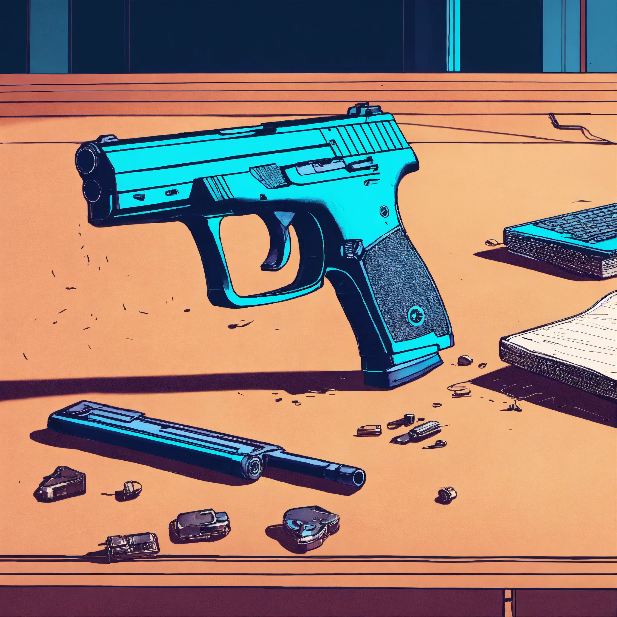 Lexica - Crime screen gun on table, computer lineart moody blue simple