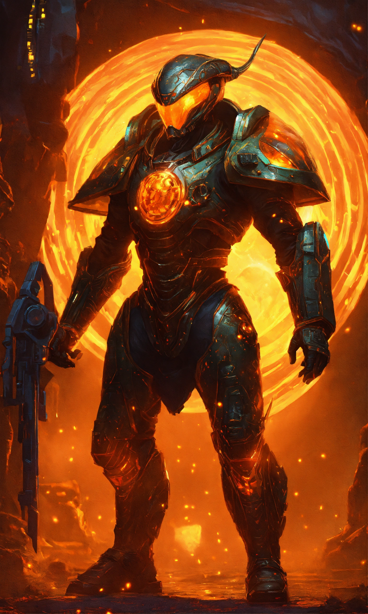 Lexica - Alien warlord king with a power suit and glowing orange energy.