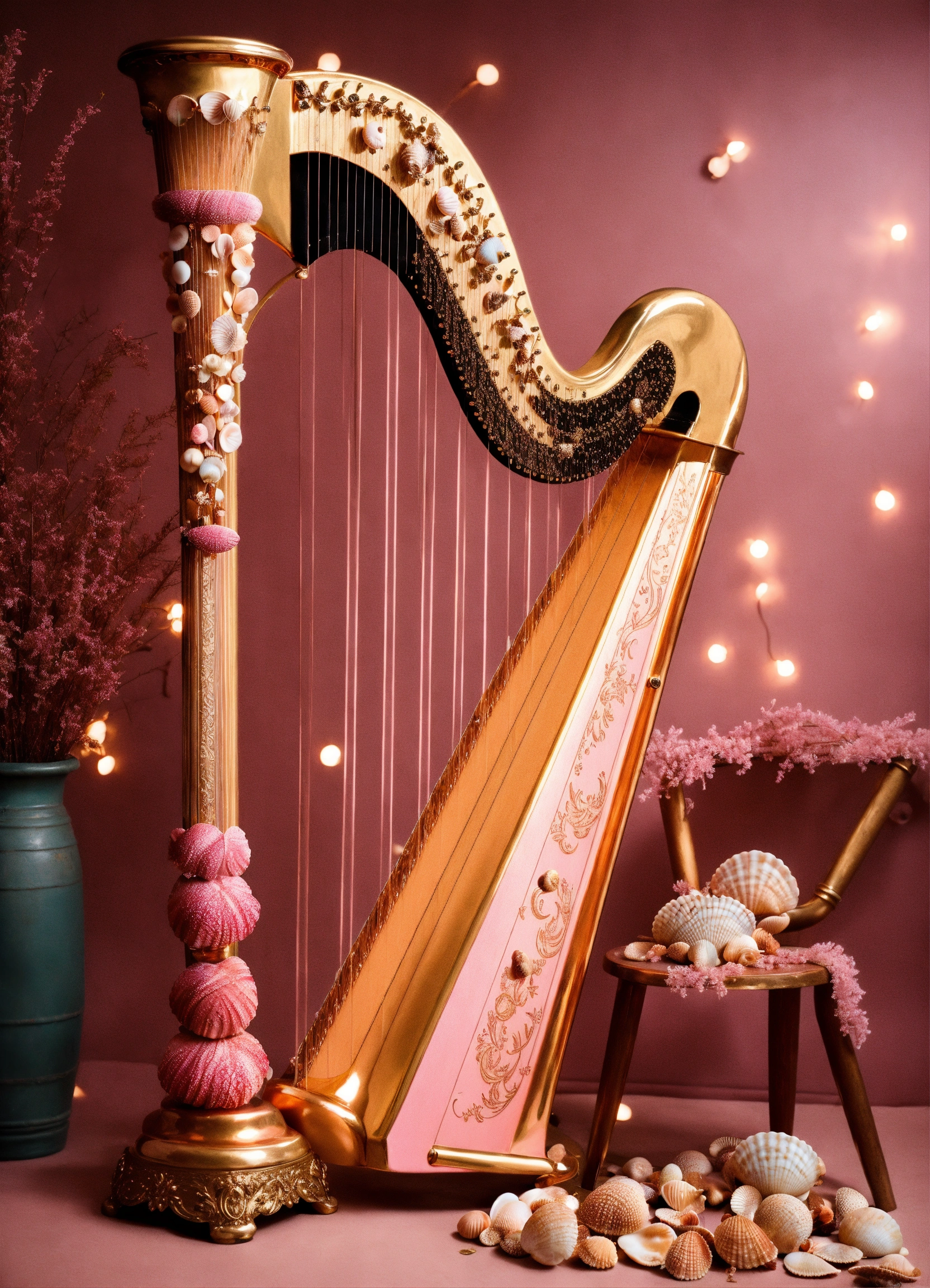 Lexica - VINTAGE harp decorated all around with seashells in pink and ...