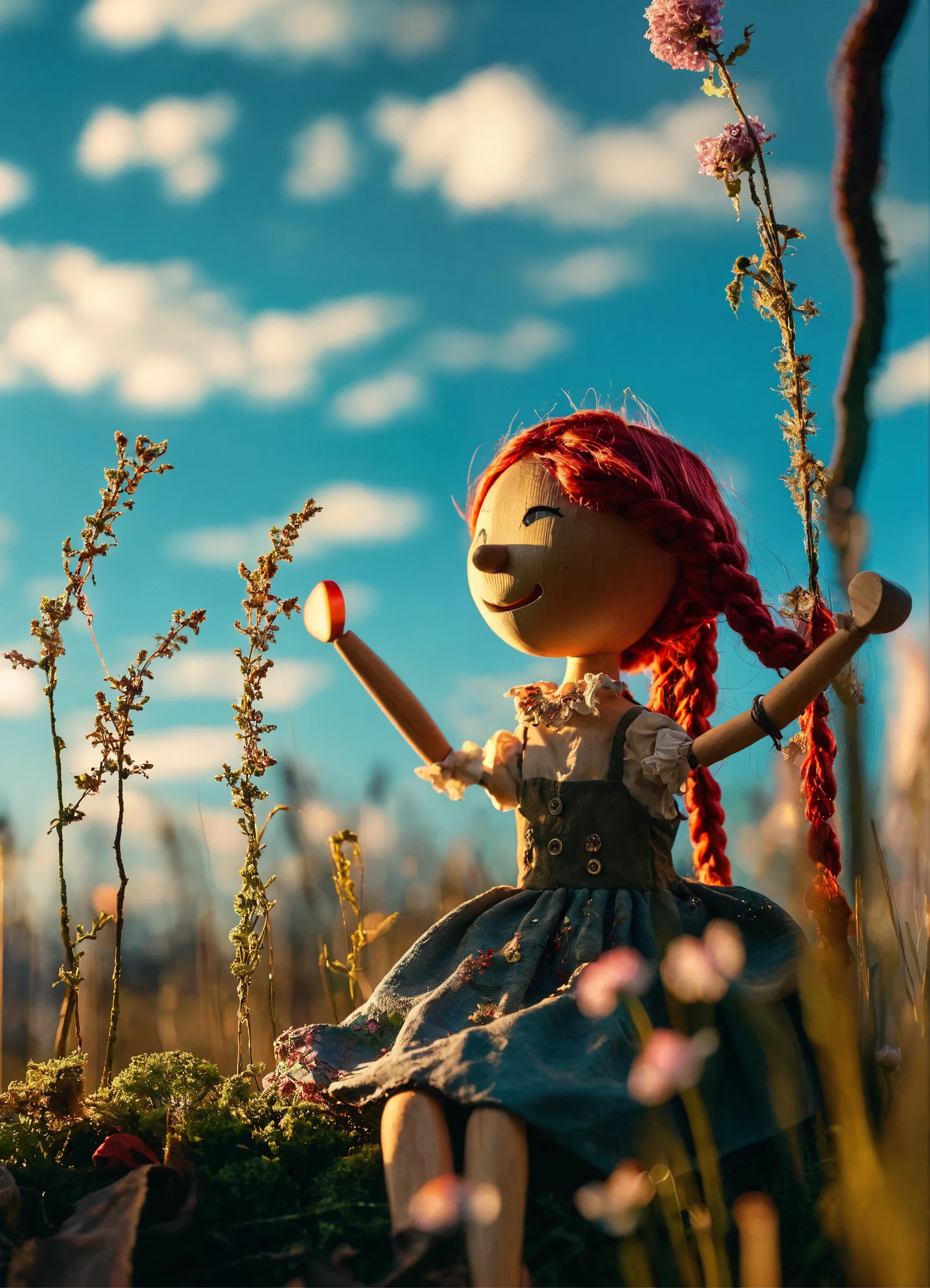 Lexica - One wooden puppets, a red-haired girl with braids, happy ...
