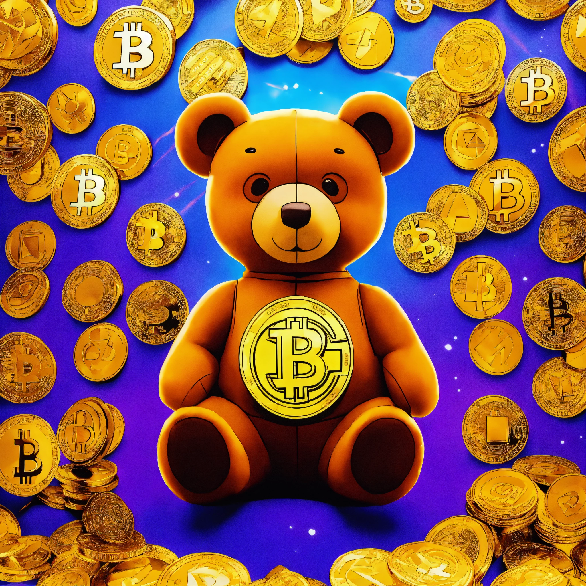 Lexica - Advertising poster of teddy bear , surrounded by cryptocurrency
