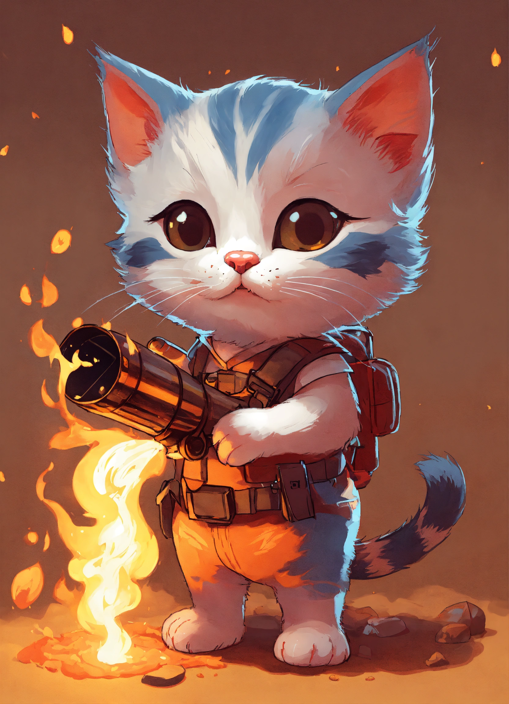 Lexica - Illustration of a cute kitten using a flamethrower