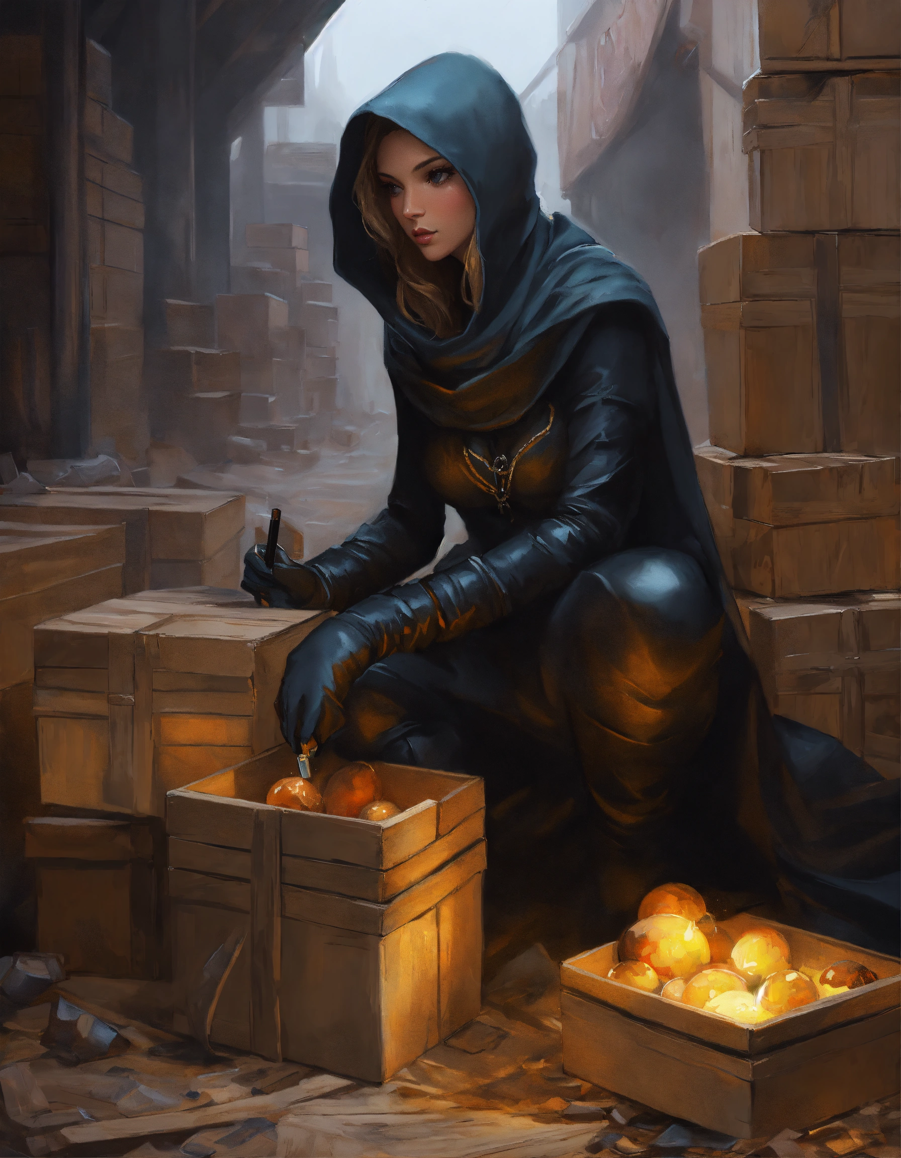 Lexica - Fantasy Painting, medieval female Thief in black fitting cowl ...