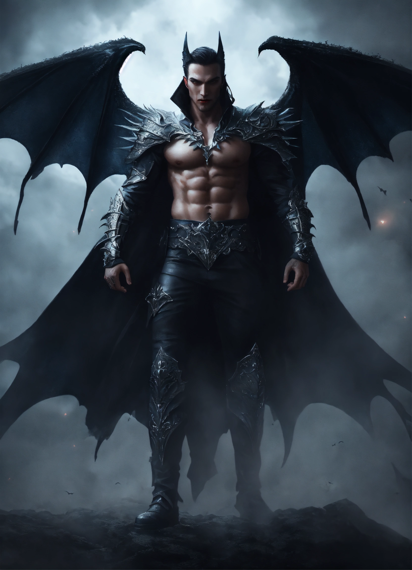 Lexica - Full body strong muscular evil vampire man entangled in a dark mist spiral, attractive ...