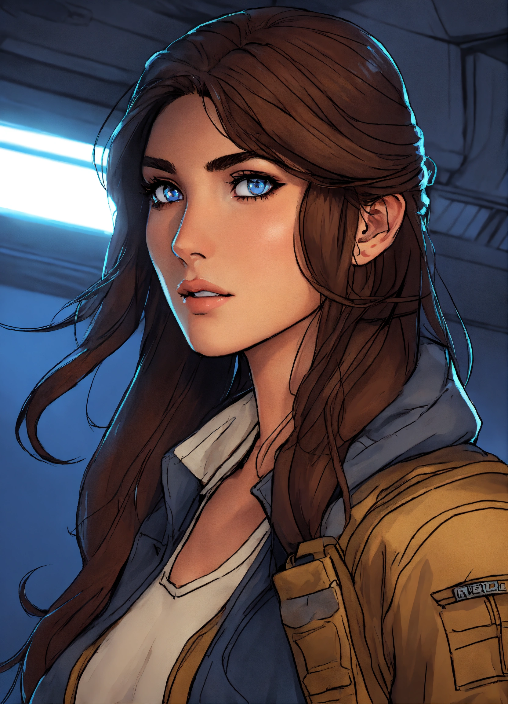 Lexica - A brunette girl with dark blue eyes . Ark survival comic