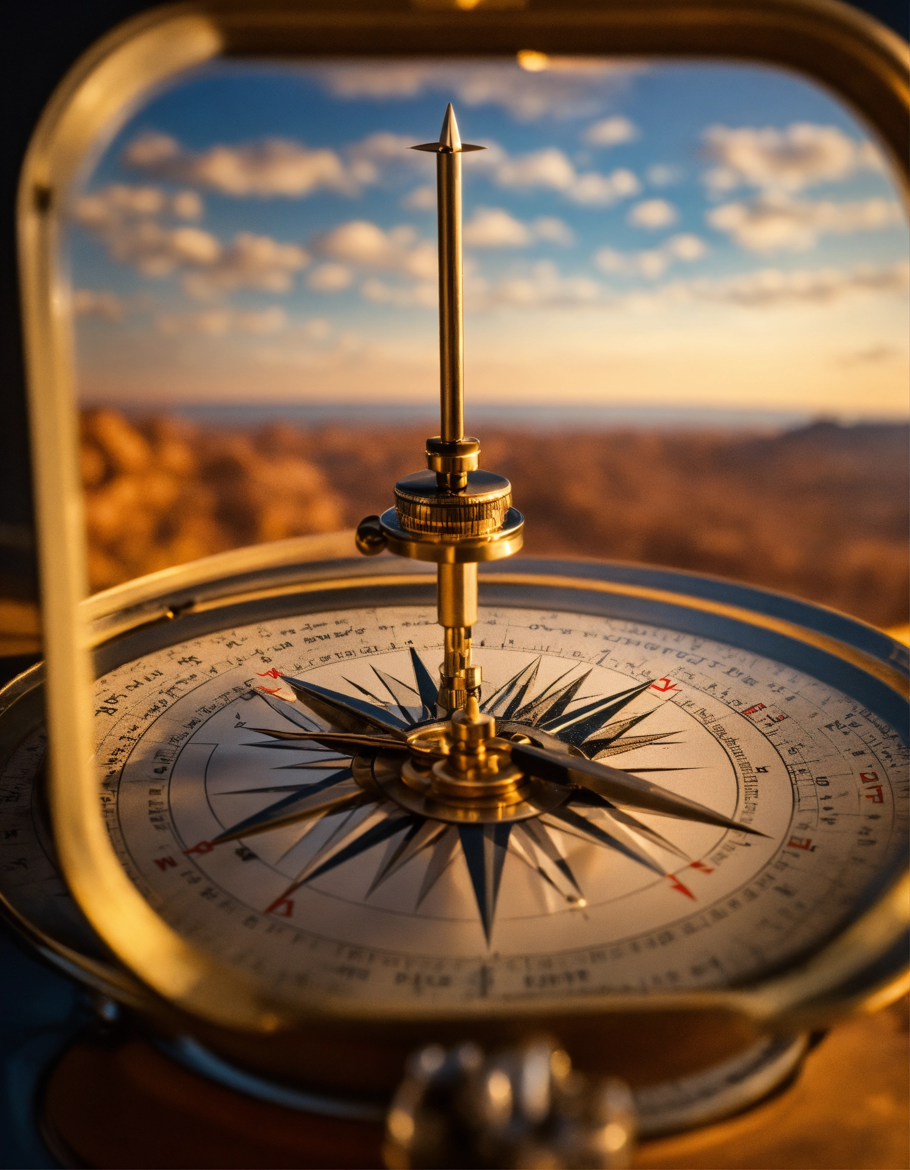 Lexica - A compass with its needle pointing towards a distant horizon