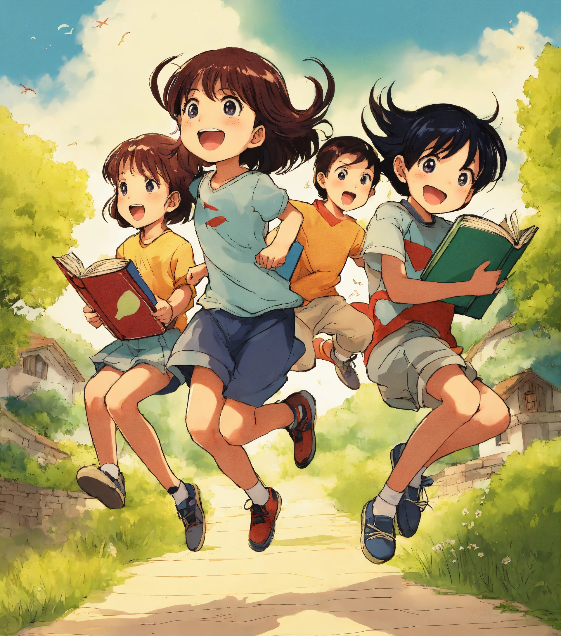 Lexica - Manga style children having fun jumping around with books