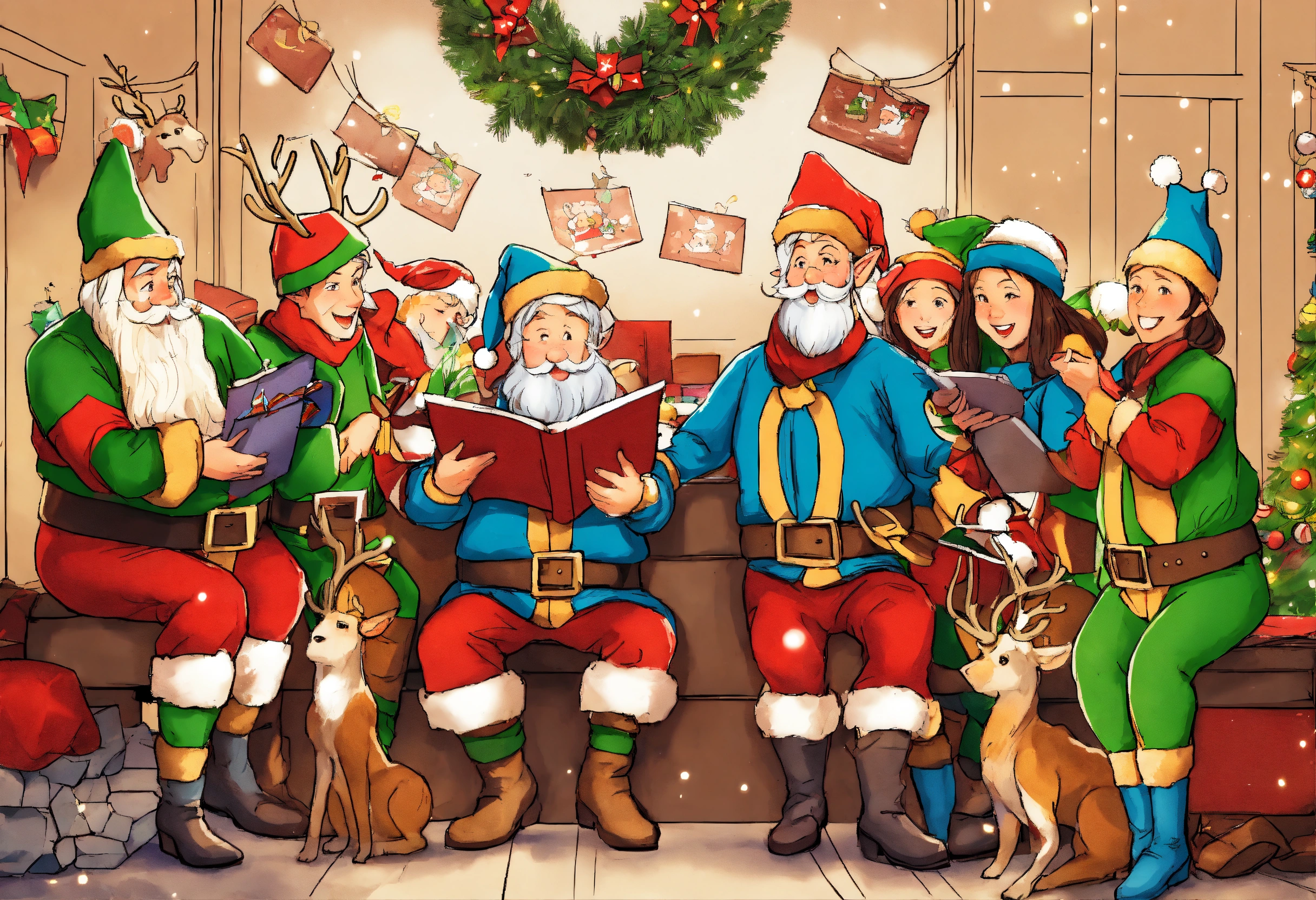 Lexica - Elves helping Santa, Organized, Teamwork, reindeer, drawing