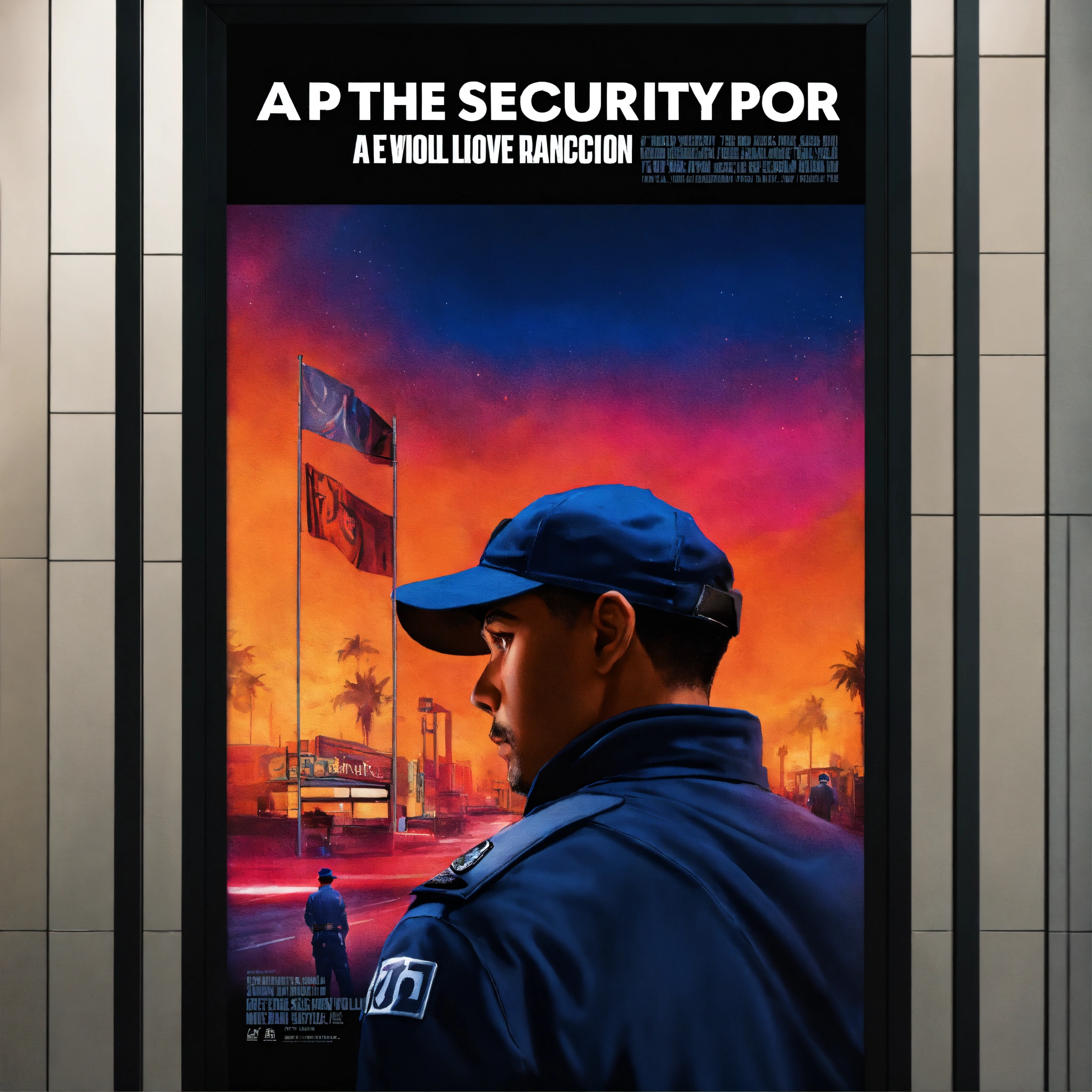 Lexica - A lone security officer wearing a dad hat, movie poster style
