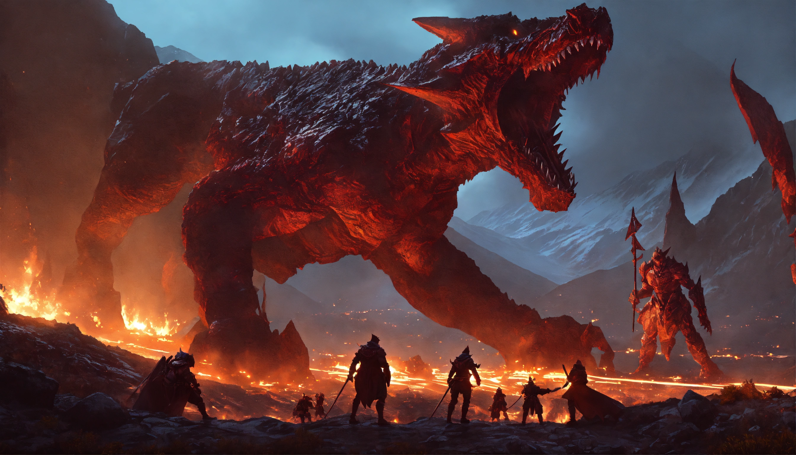 Lexica - Giant humans fighting giant humanoids with jagged teeth that ...