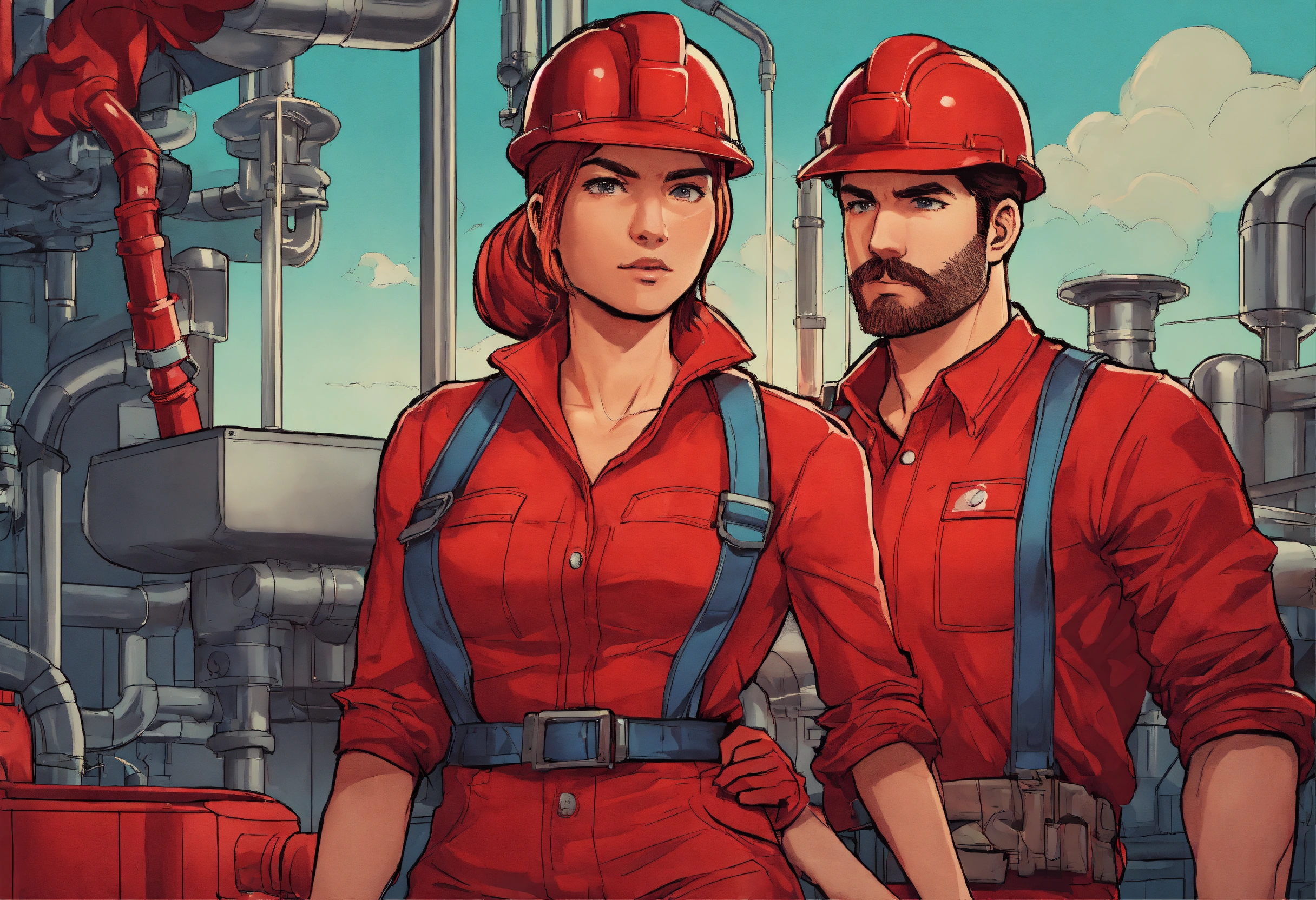 Lexica - Close up of two heroic plumber in a red outfit and red hard ...