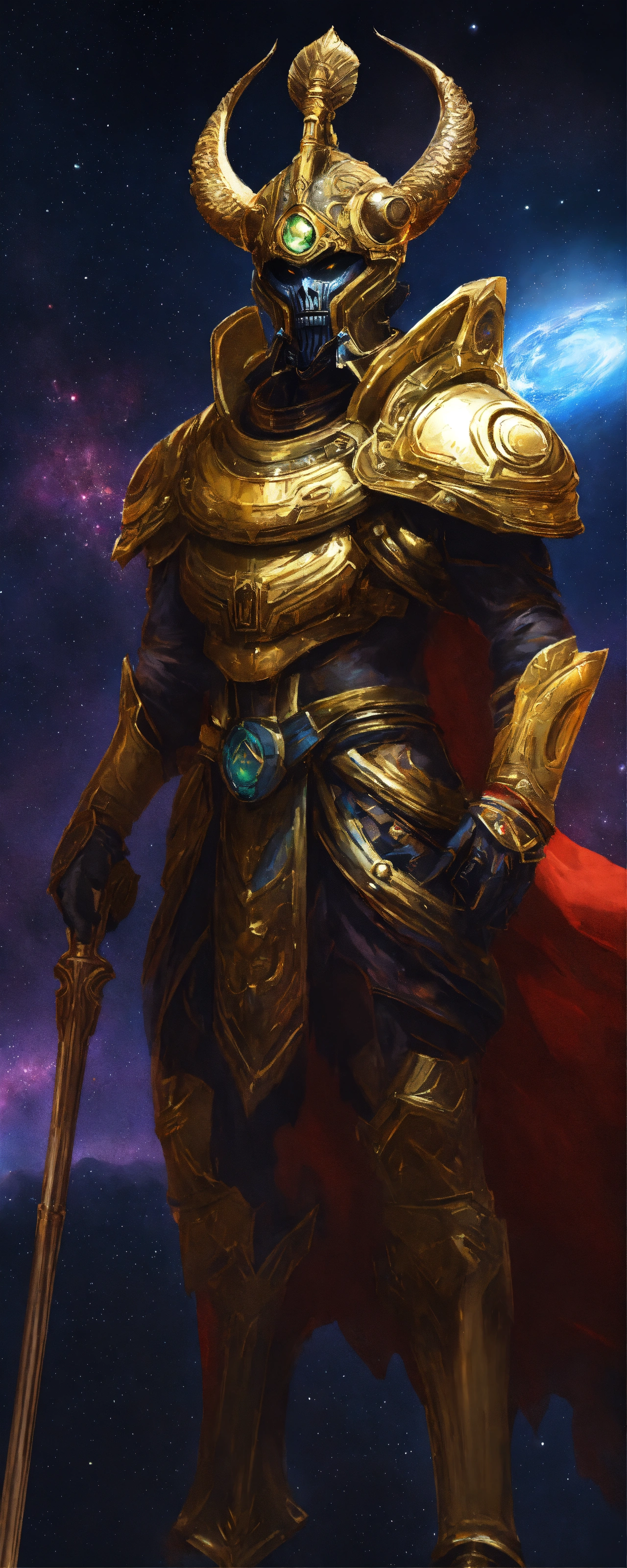 Lexica - Drawing of epic alien warlord king. Space background