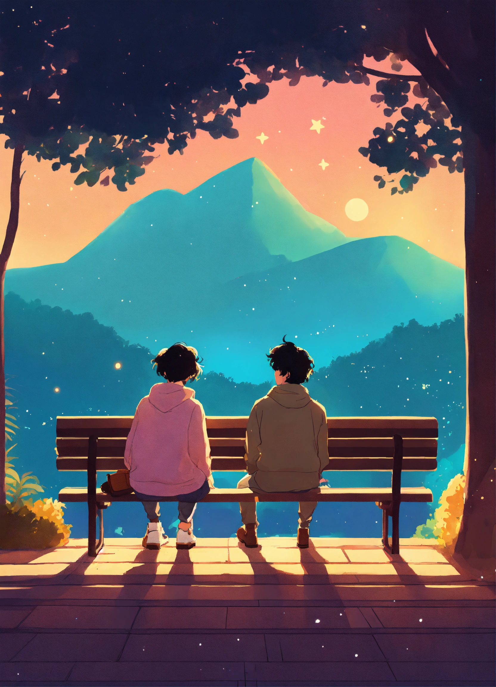 Lexica - Two friends sitting on a bench. sunshine and starlight cozy ...