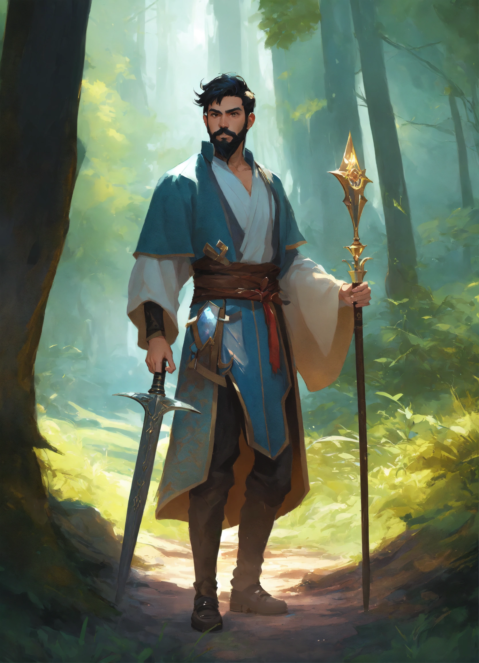 Lexica - A man, mage, in a pastel landscape woods, with short black ...