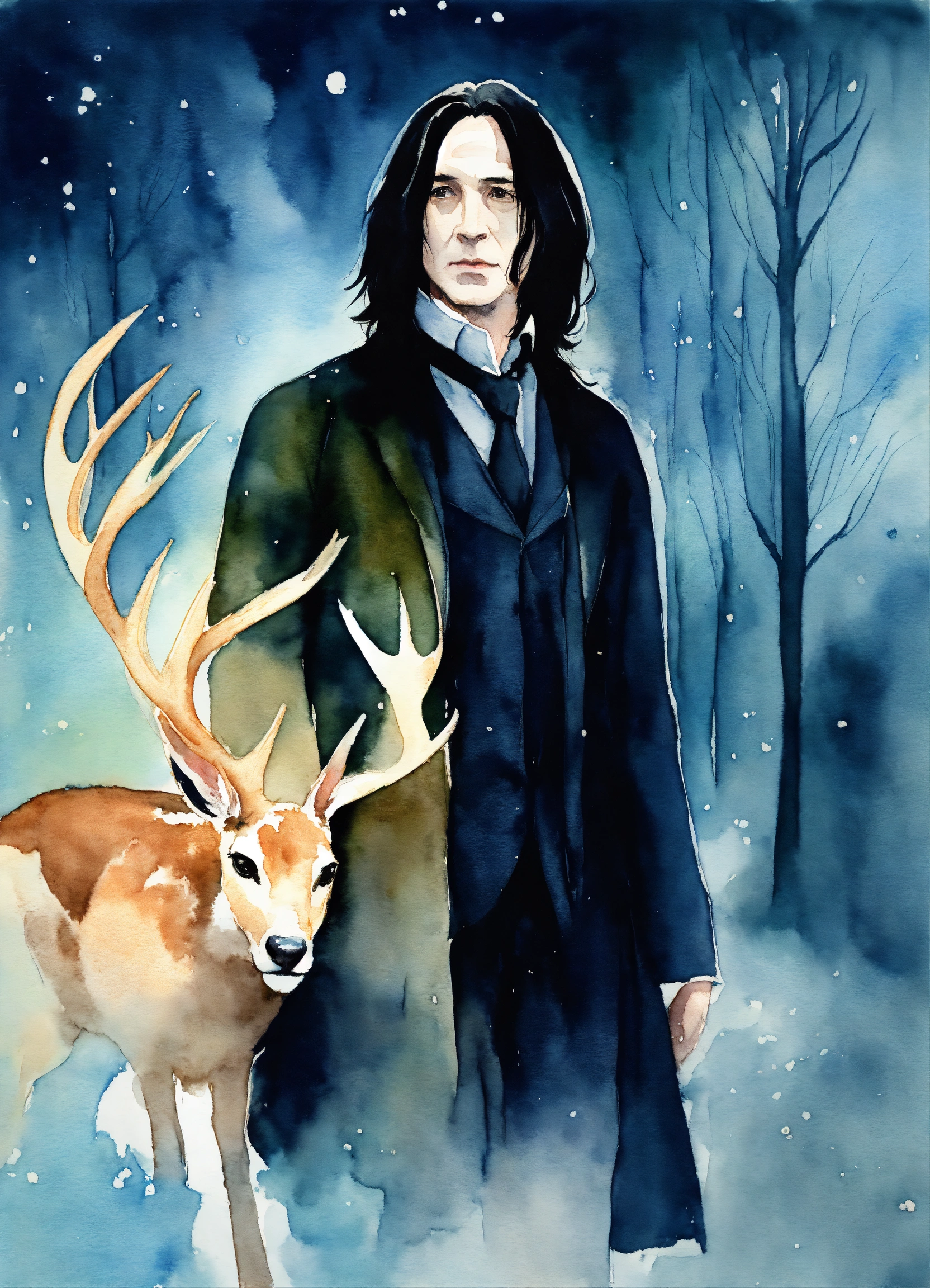 Lexica - Severus Snape with a doe's patronus watercolor drawing