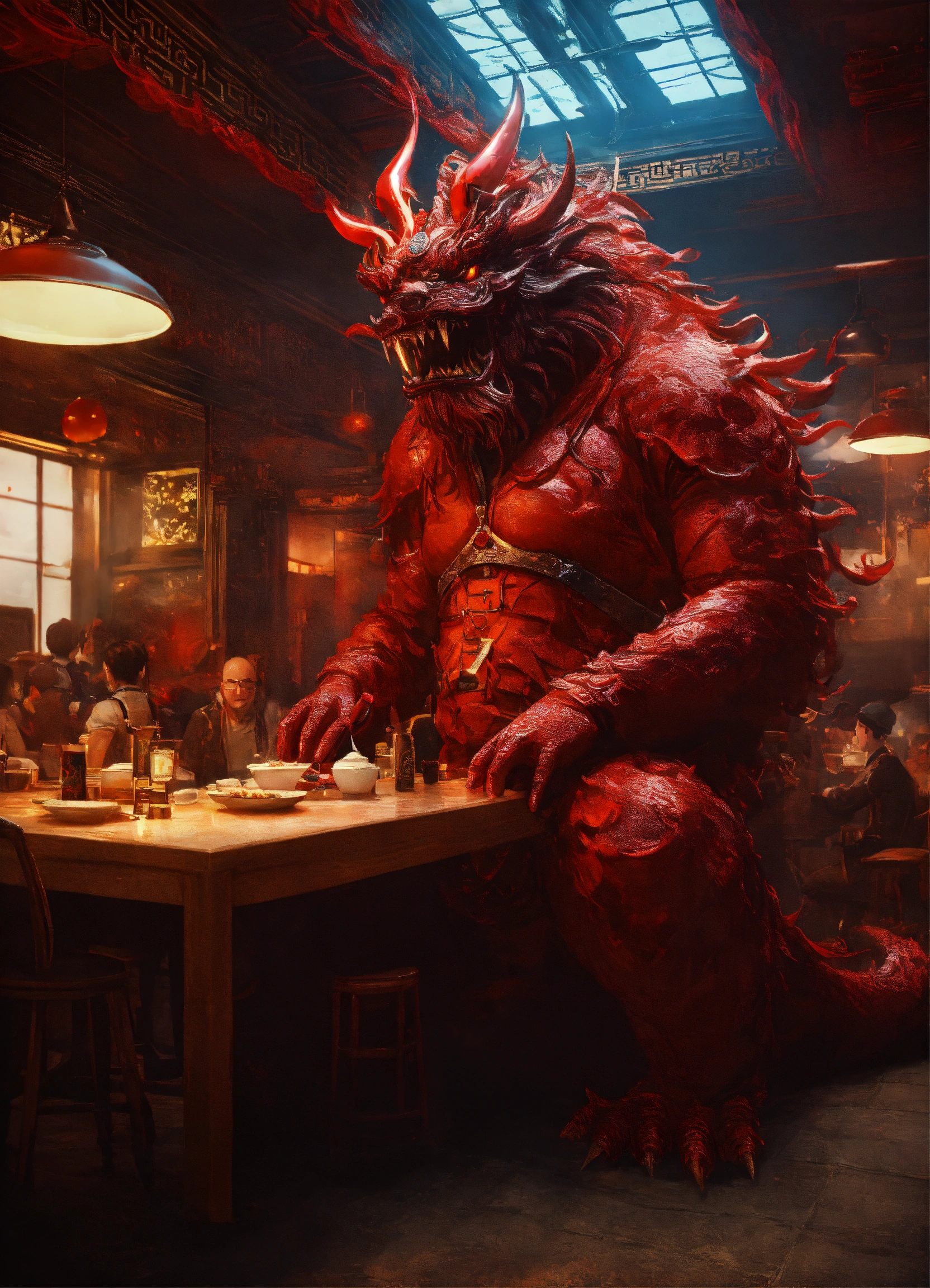Lexica - A huge red chinese monster is sitting in front of a kitchen ...