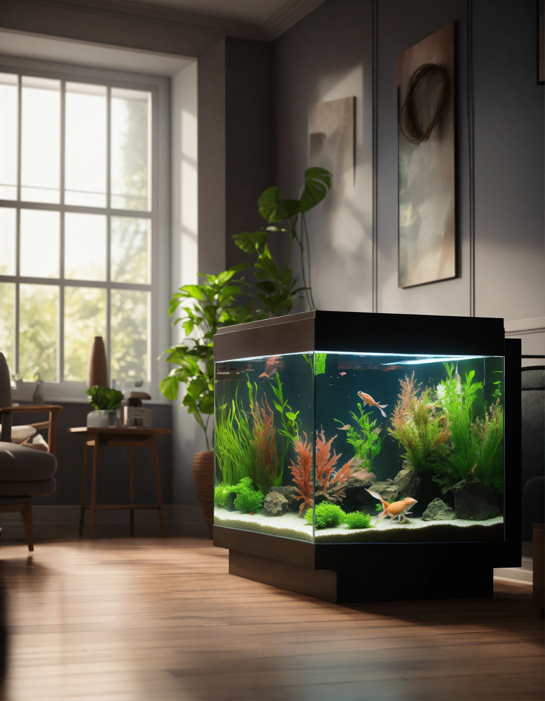 Lexica - Fish tank with axolotls in a living room with dark wood floors ...
