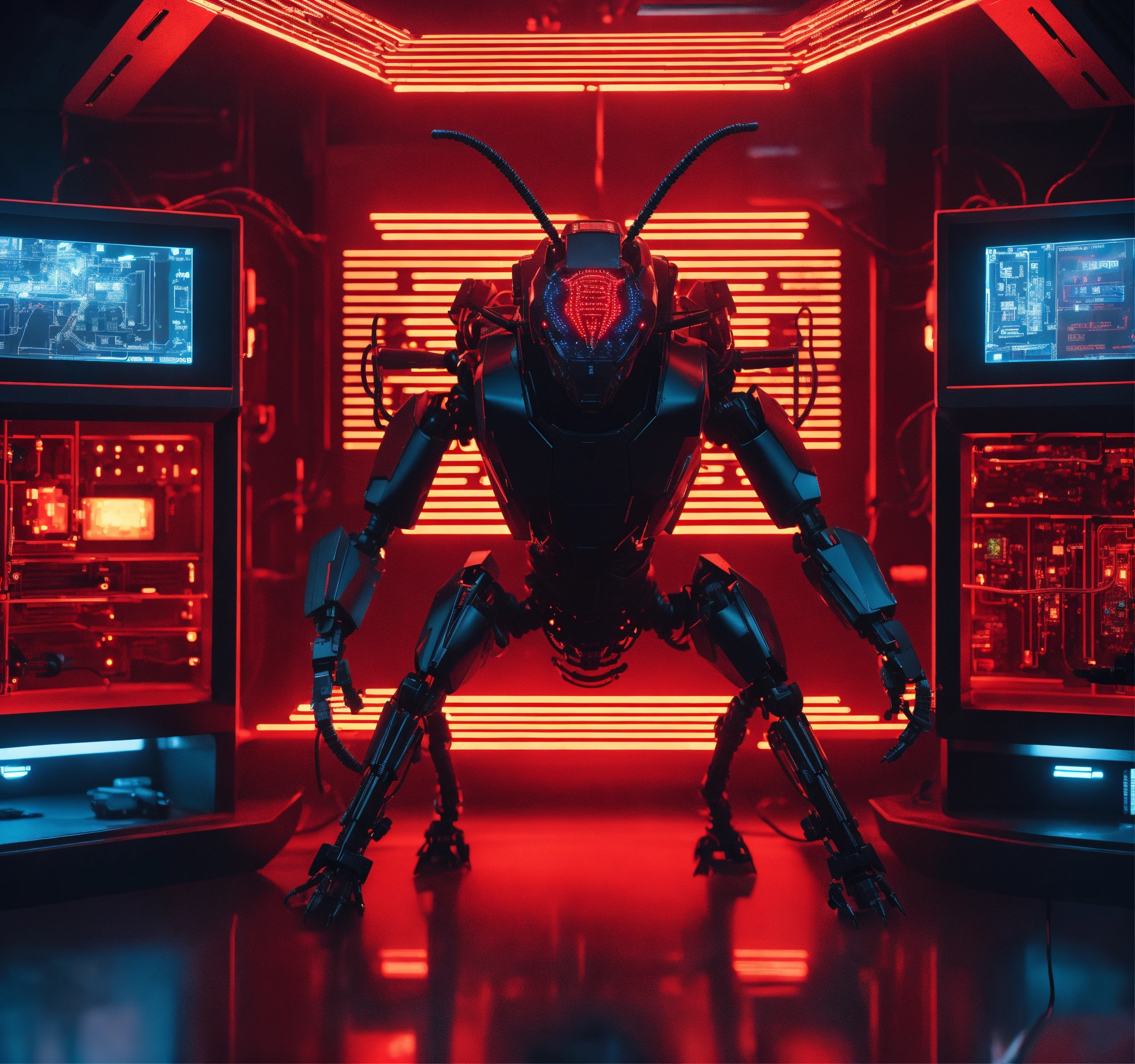 Lexica - Zoom out of black cockroach faced humanoid with red glowing ...