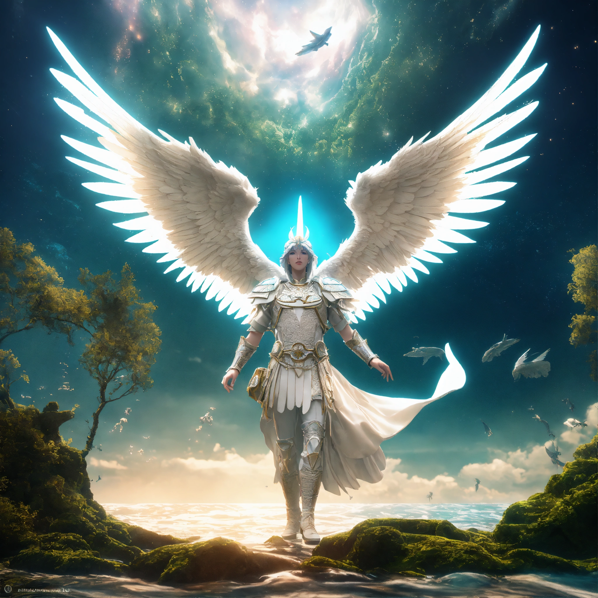 Lexica - White Archangel Michael in dress, on the sea, being reincarnated into a ocean world ...