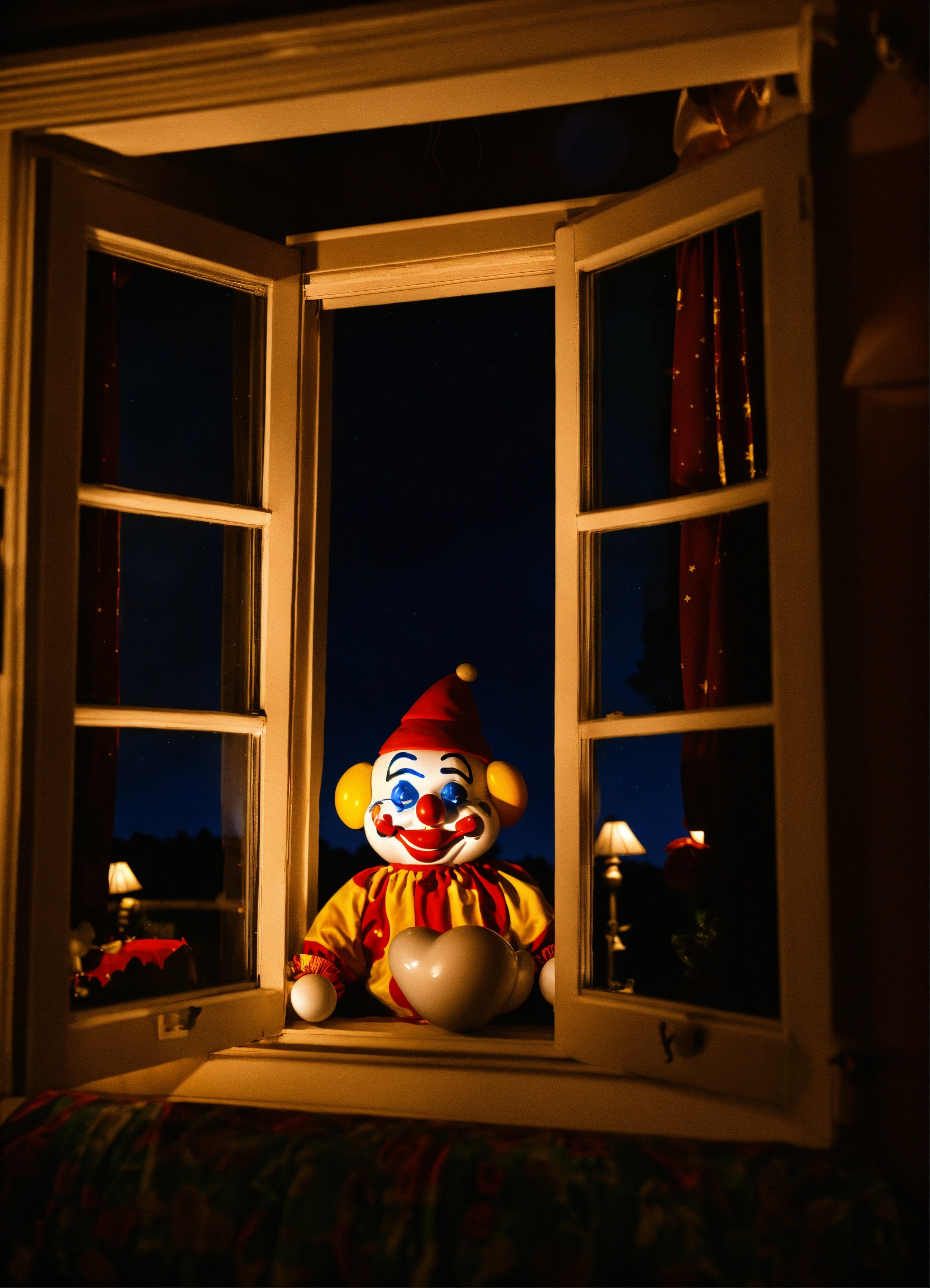 Lexica - A large porcelain toy clown looking into a bedroom window at ...
