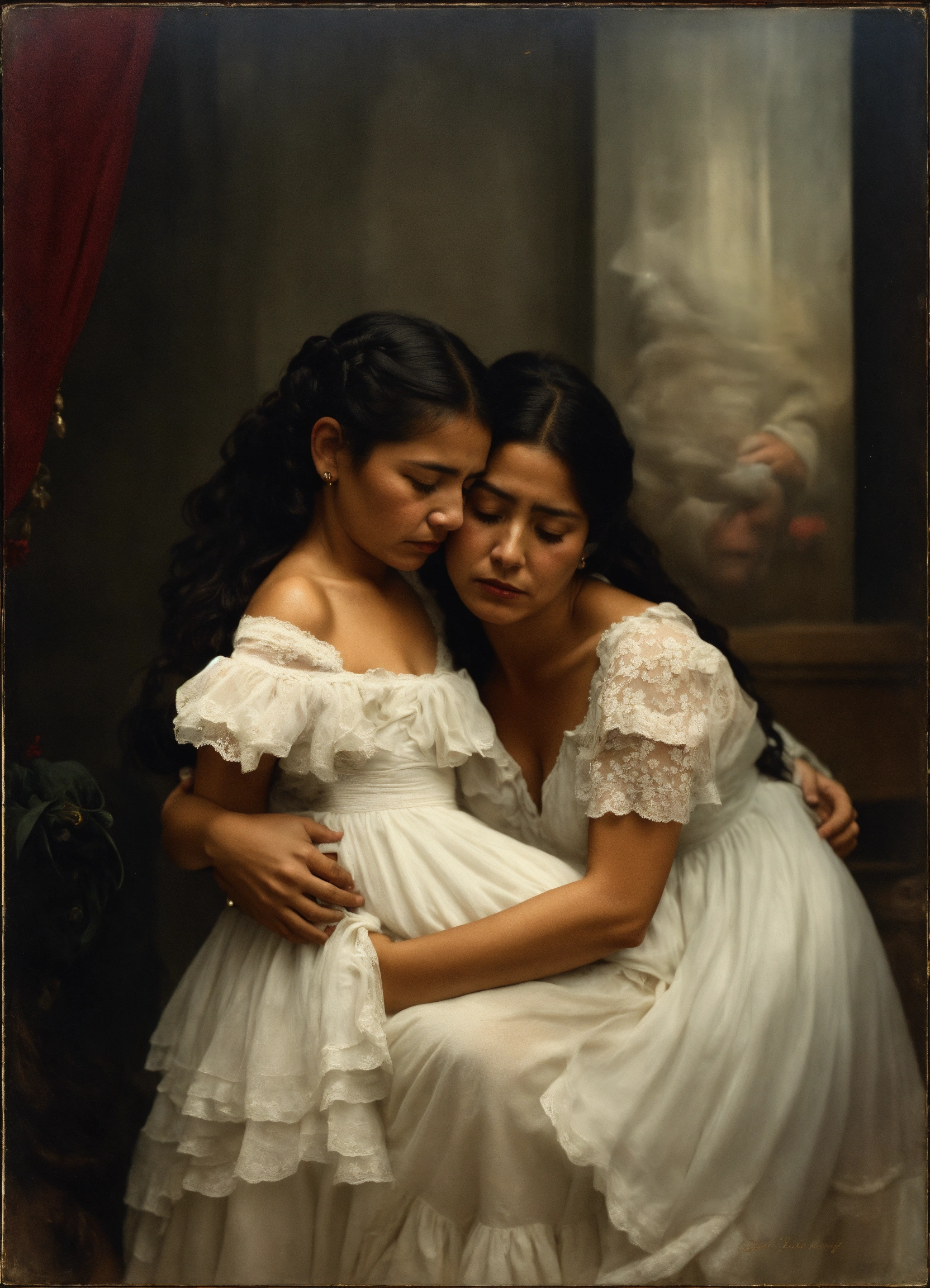 Lexica - Sad Mexican woman in a white dress hugs a sad man with two ...