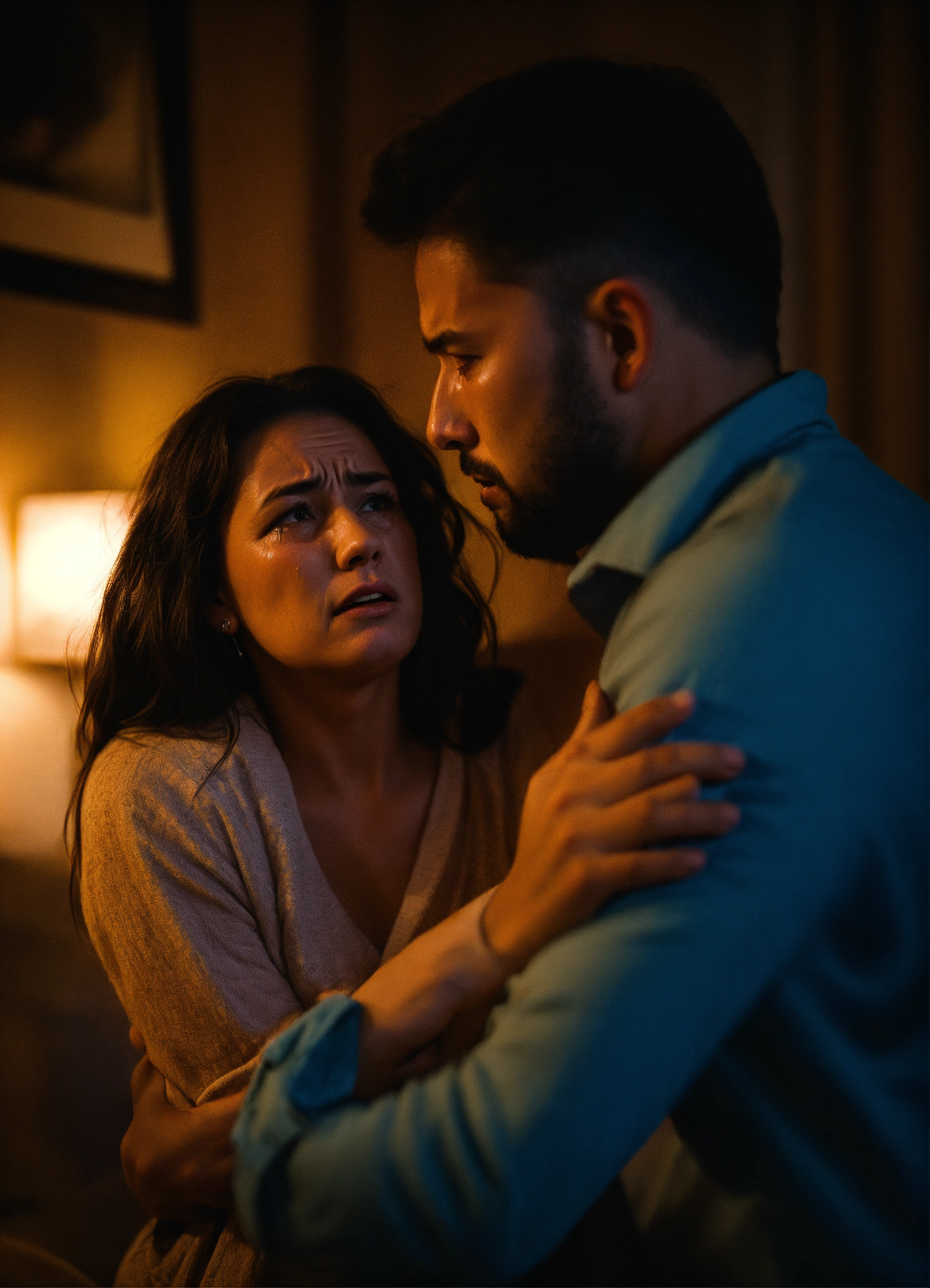 Lexica - Man comforting feared and crying wife in scary night