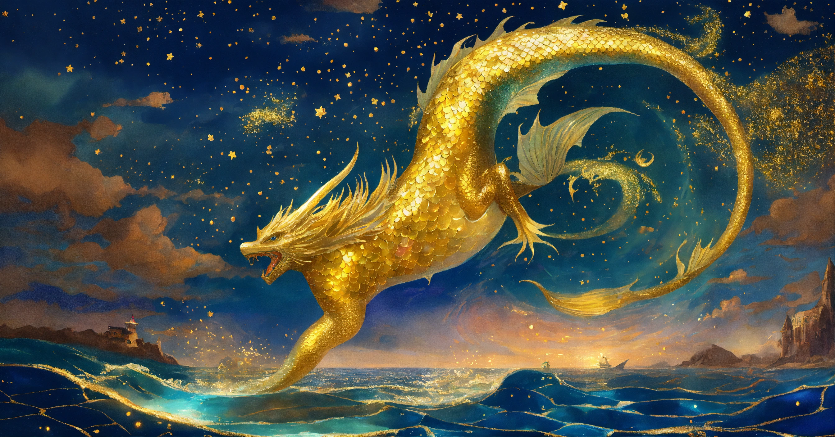 Lexica - Mythical creature, sea, dragon, mermaid, night grid, gold glitter, gustav klimpt ...