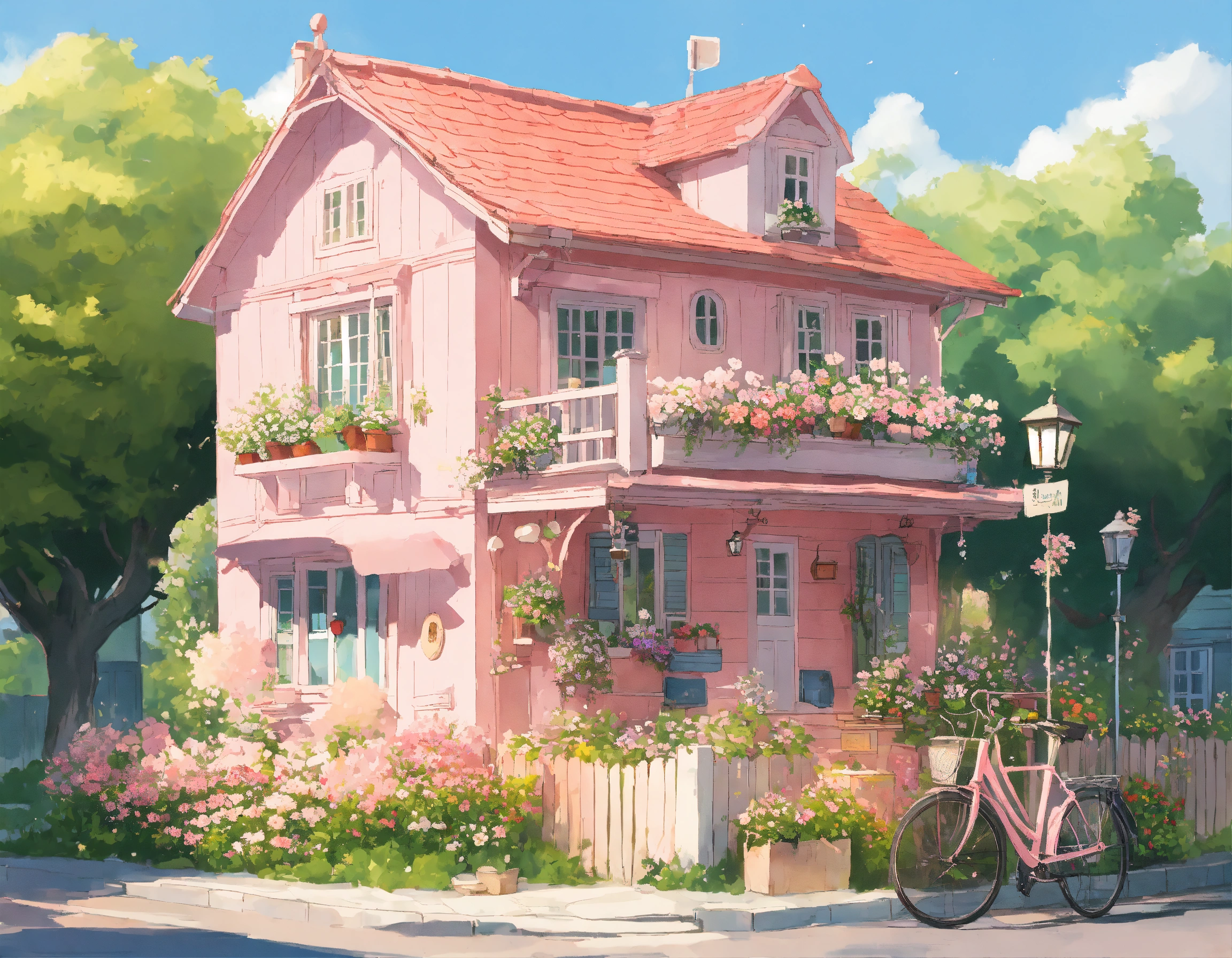 Lexica - Front view of the facade of a small light pink house in the ...