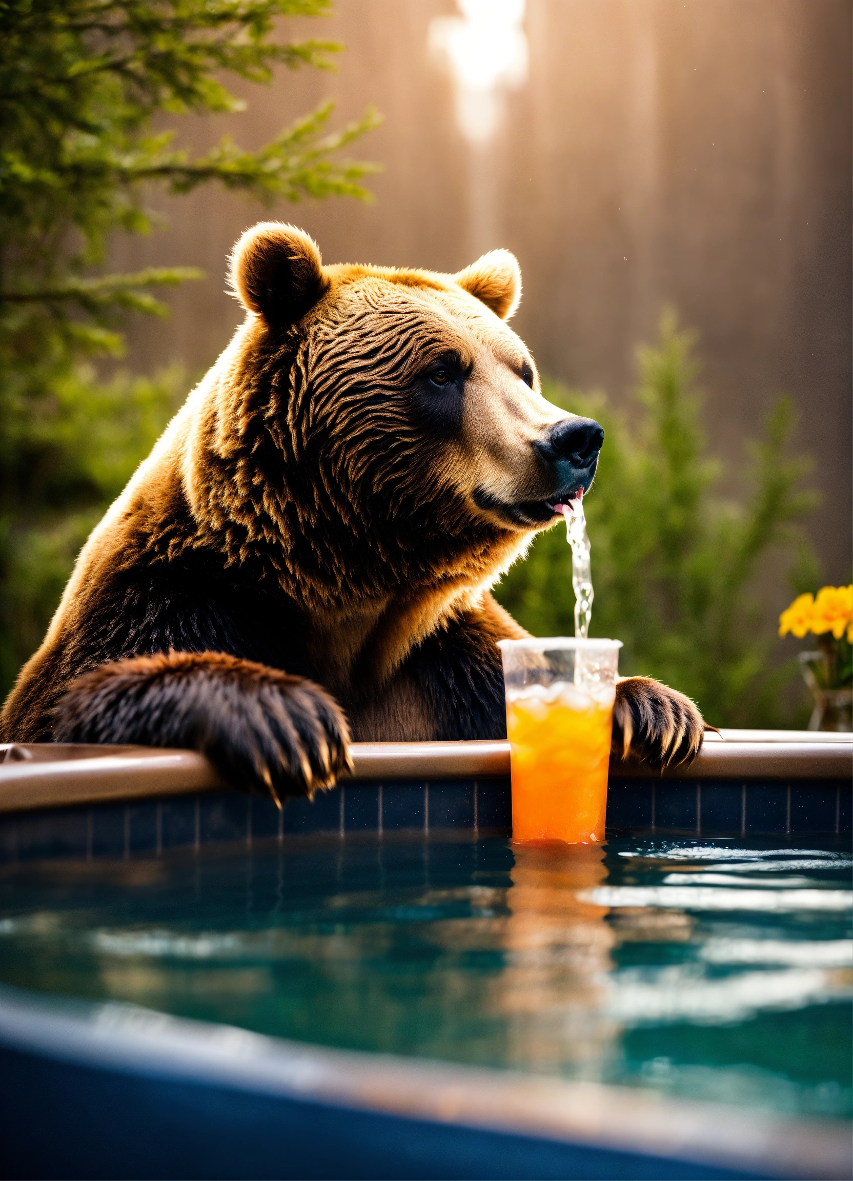Lexica - A bear in a hot tub drinking a cocktail out of a tube.